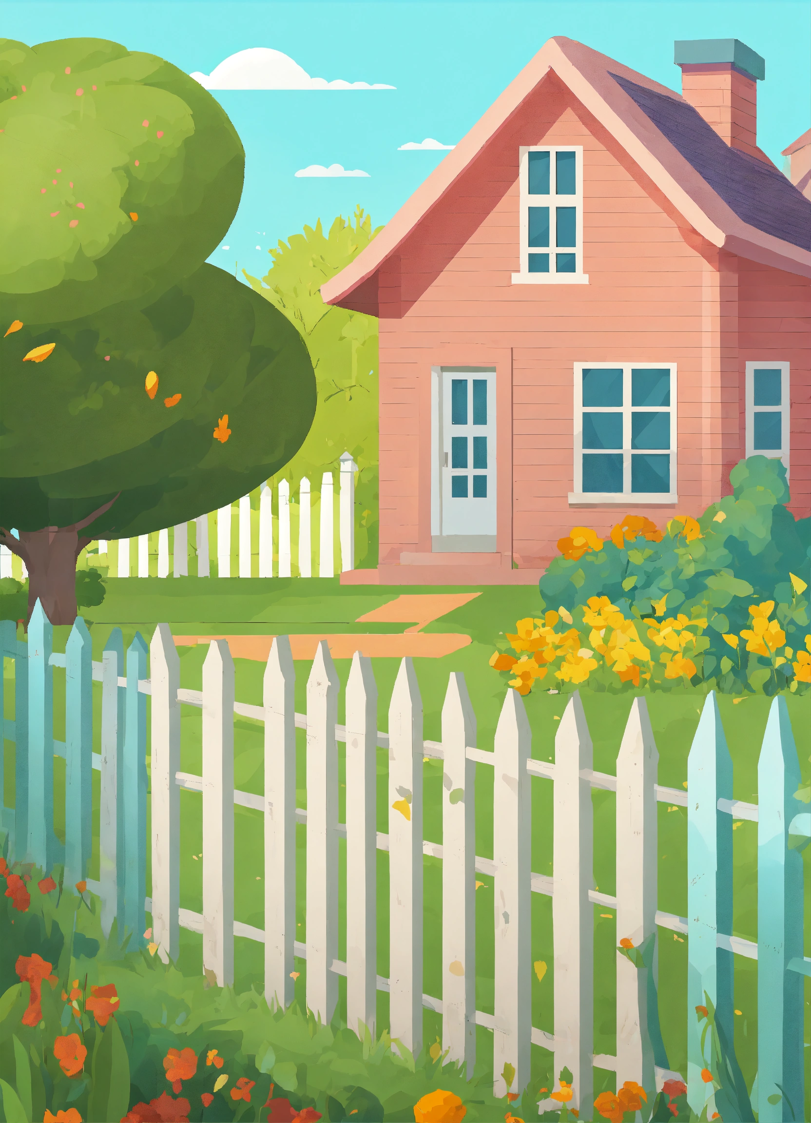 Lexica - Yard, clearing, fence in the background, 2d, flat design, cartoon