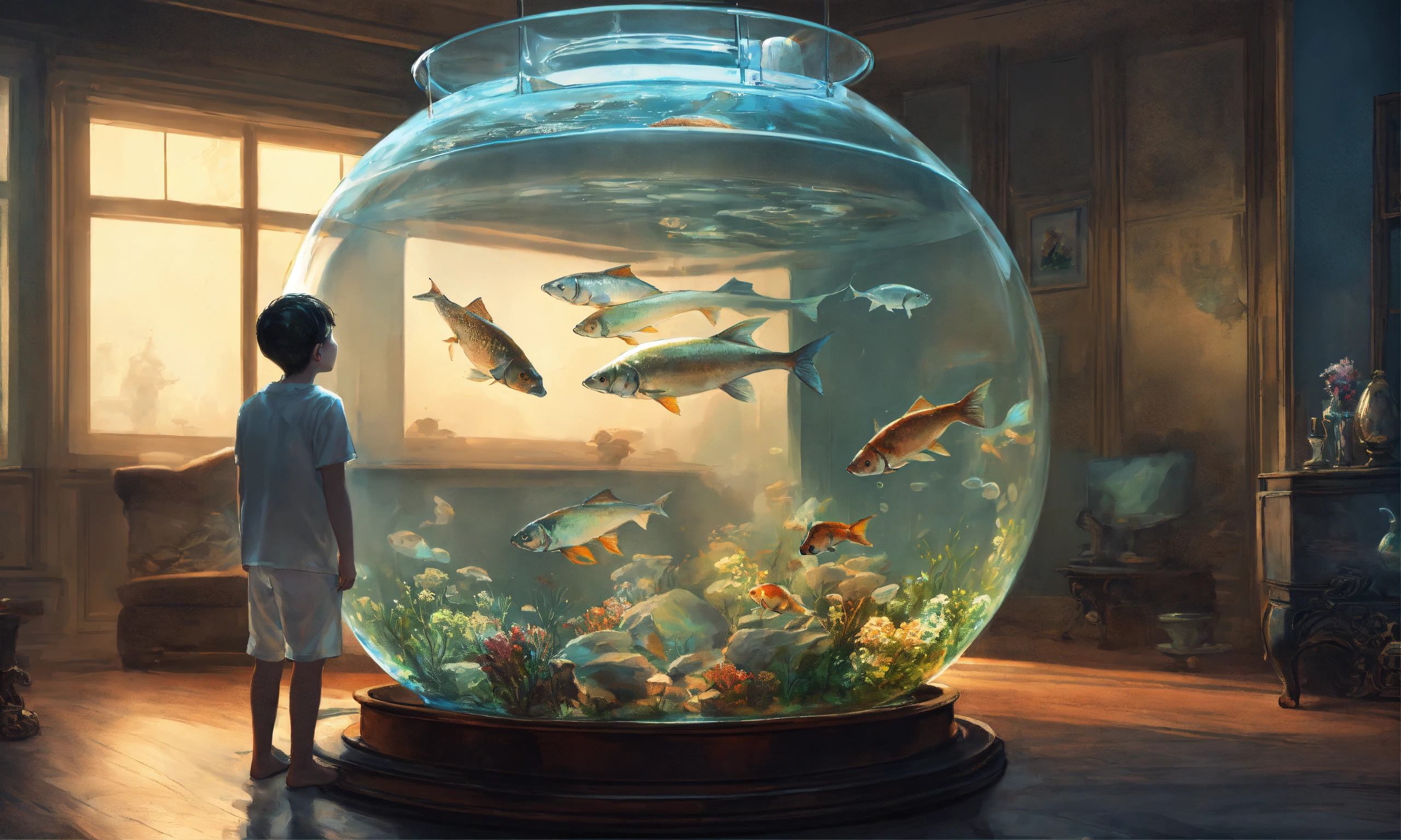 Lexica - A pale brune boy in white pijamas floating inside a giant ...