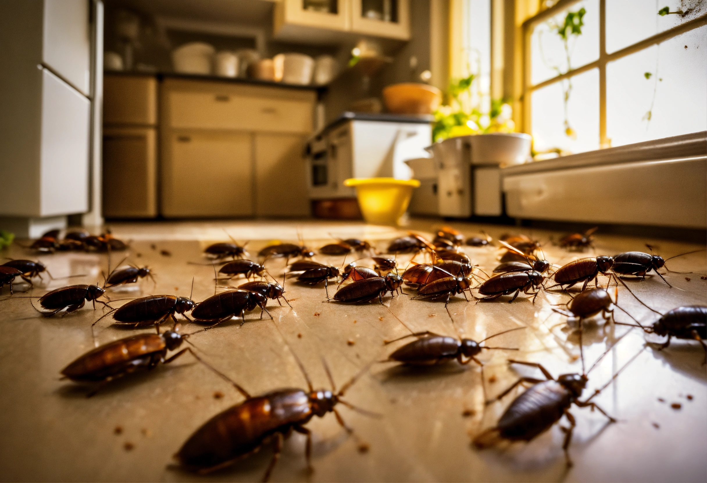 Lexica - Cockroaches scurrying around in a kitchen, causing chaos.