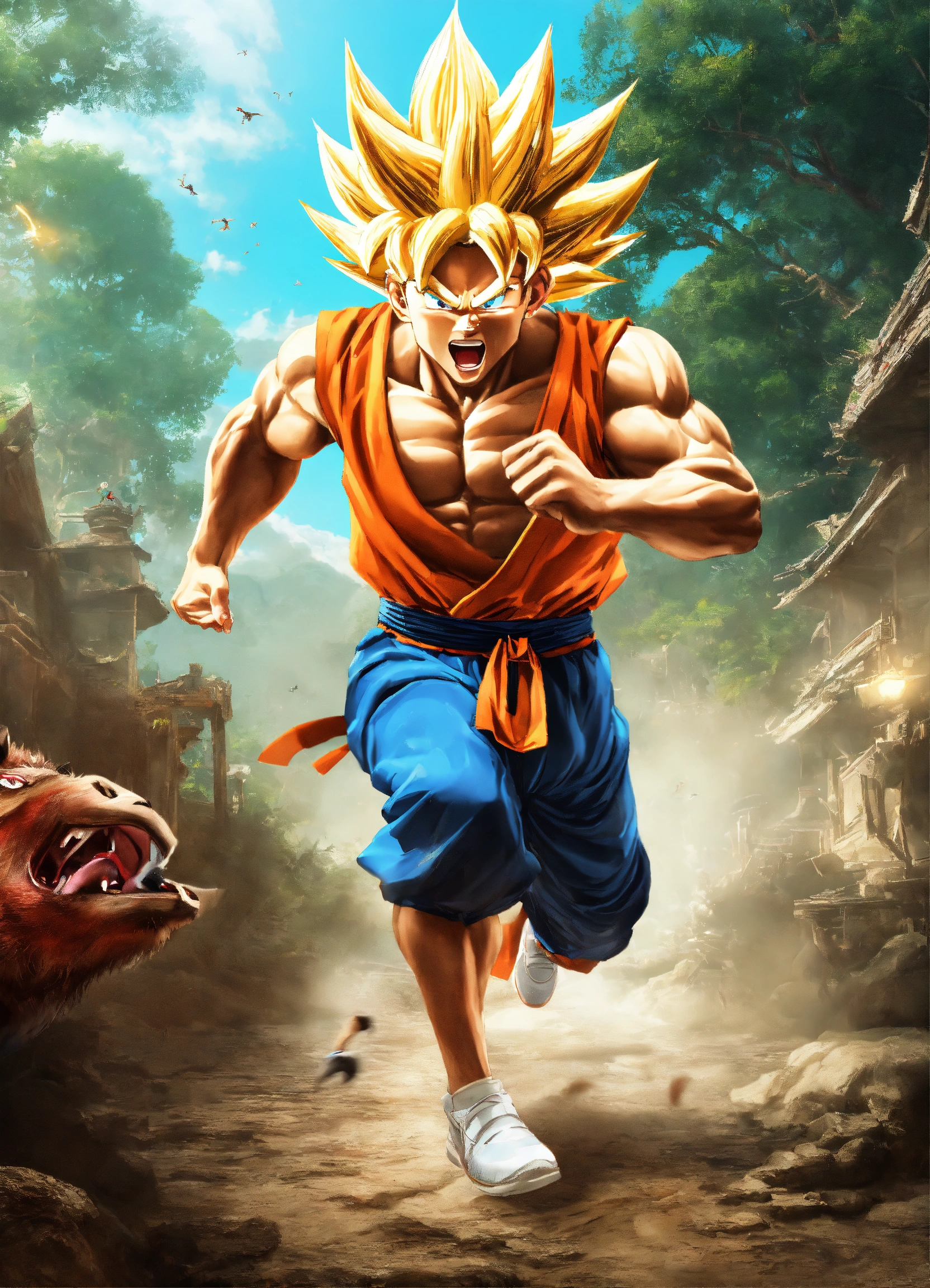 Lexica - Humoristic san goku body mixed with wild boar head running ...