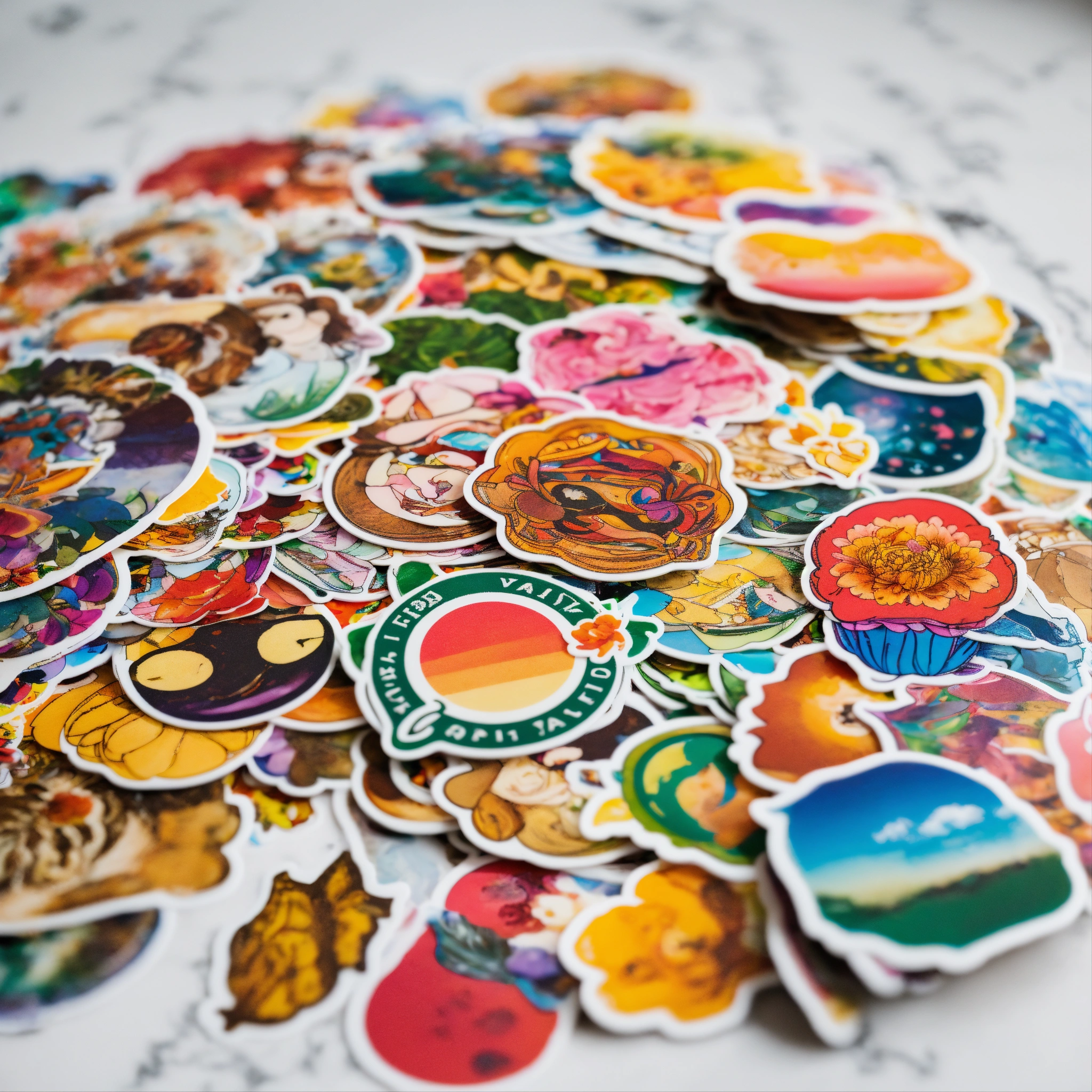 Lexica - A photo of a stack of stickers. The stickers are colorful and ...