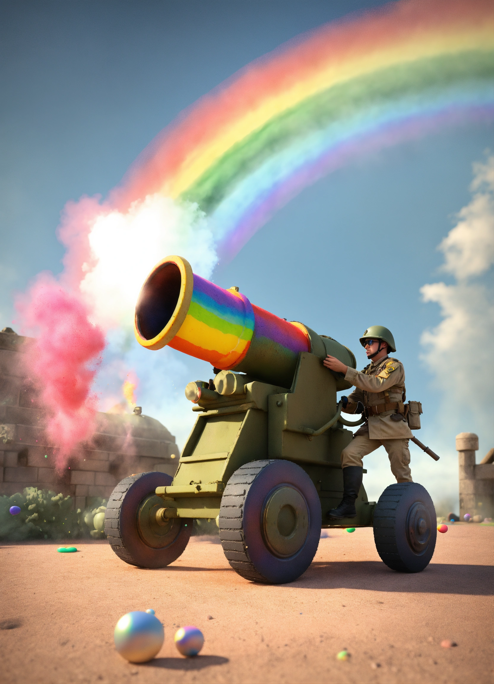 Lexica - A soldier loading a cannon with a rainbow bomb, 3d render