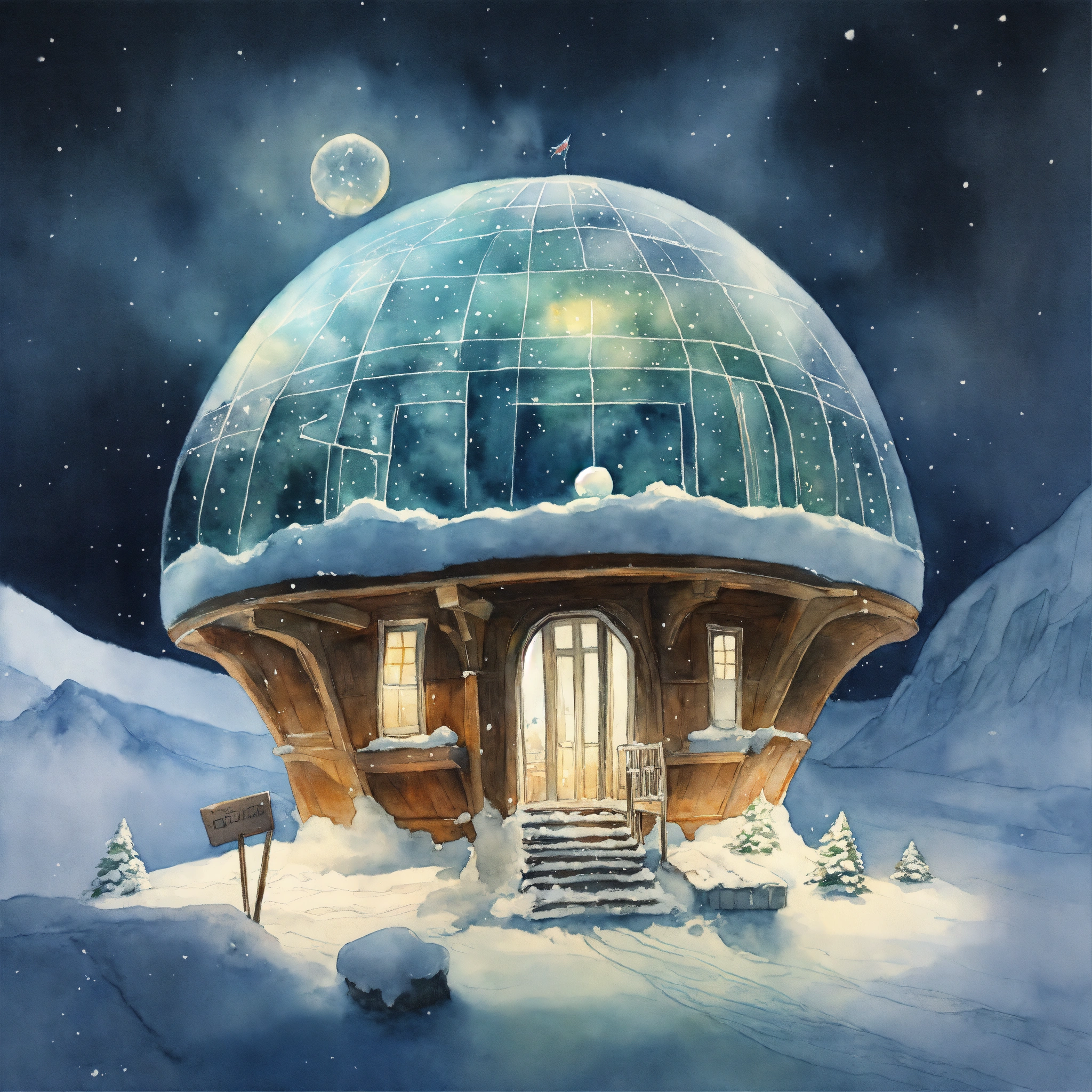 Lexica - A watercolor painting depicting an intricately detailed igloo, levitating atop a ...