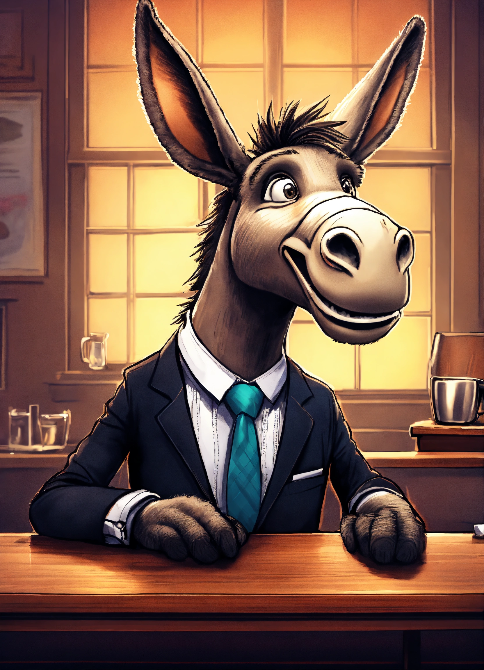 Lexica - Funny, donkey sittin on a bar desk, wearing balck suite and ...