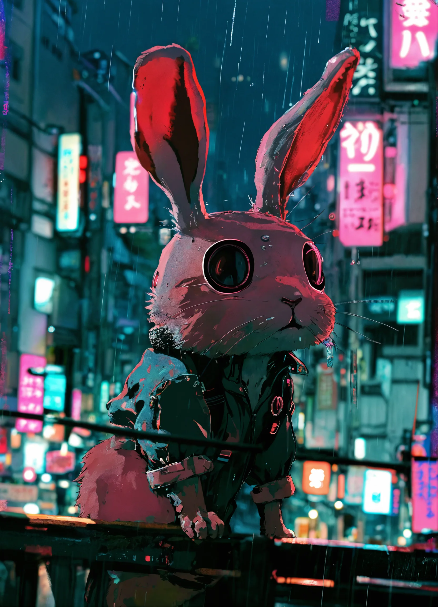 Lexica - Cyberpunk anime ghibli rabbit art in rainy city tokyo night