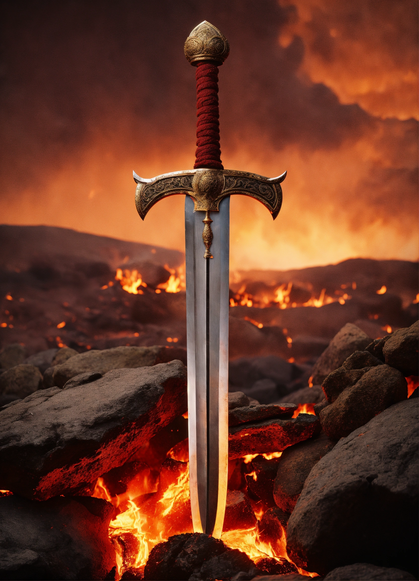 Lexica - A roman long sword, upright, on a pile of rocks, surrounded by ...