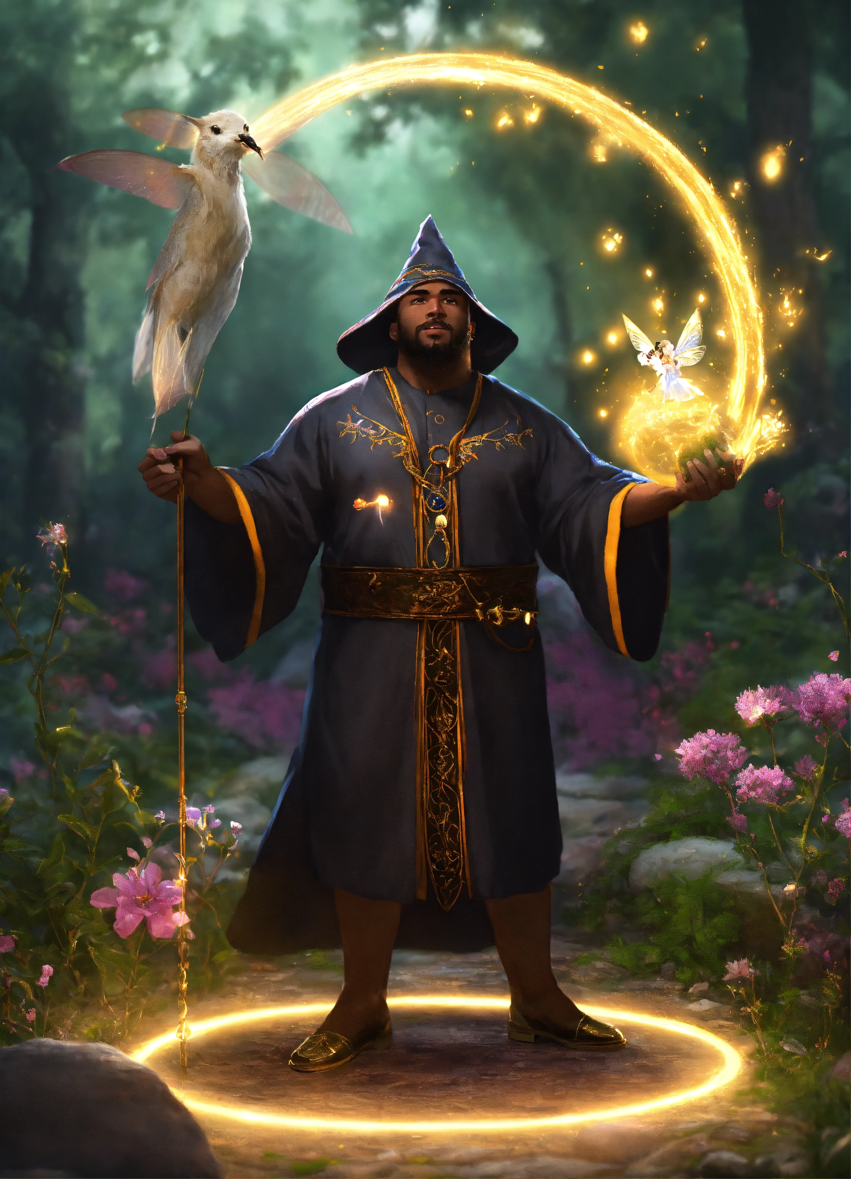 Lexica - Stocky black guy wizard summoning a fairy
