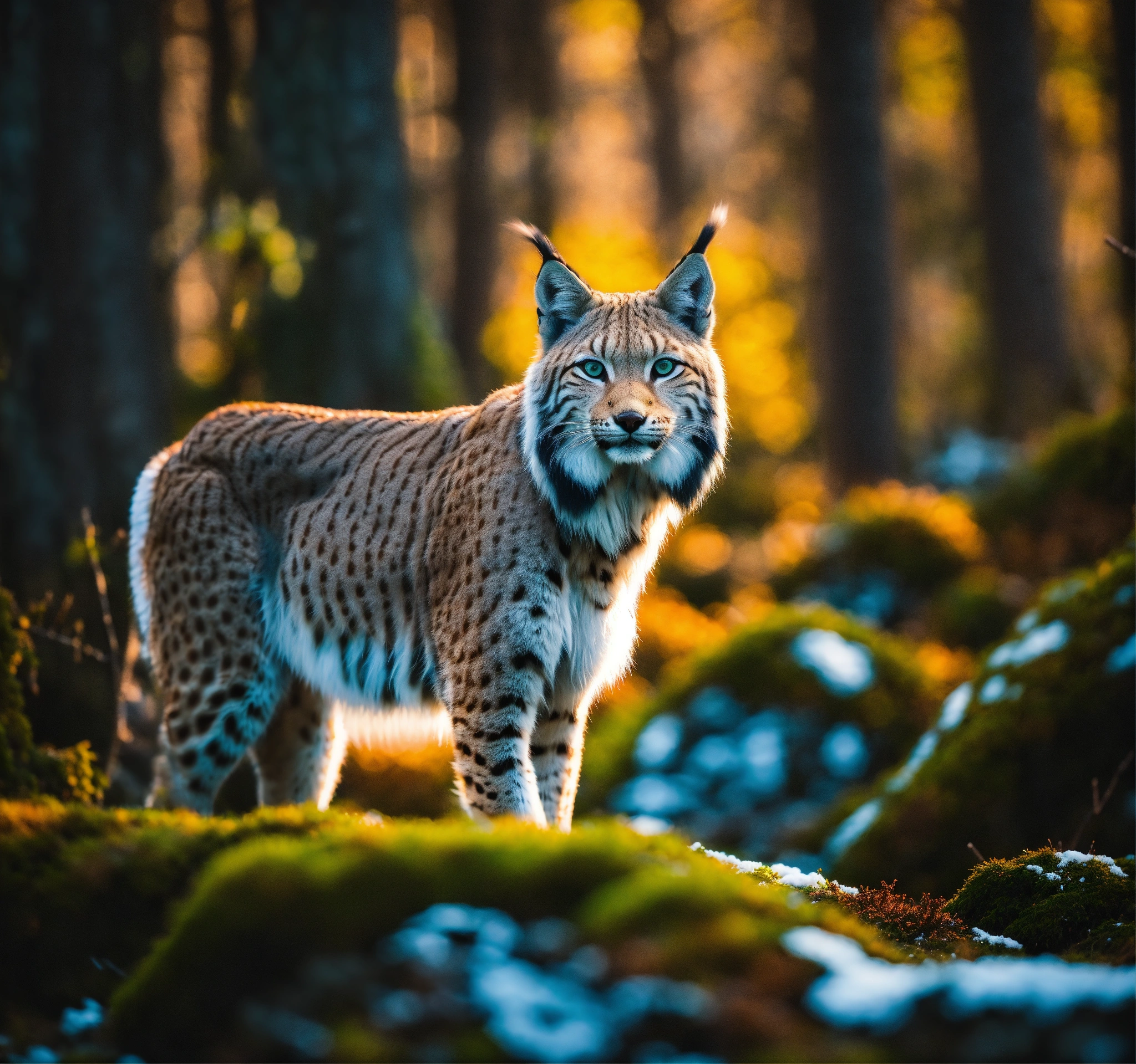 Lexica - Minimal, cinematic, a lynx among the trees, forest lake, moss ...