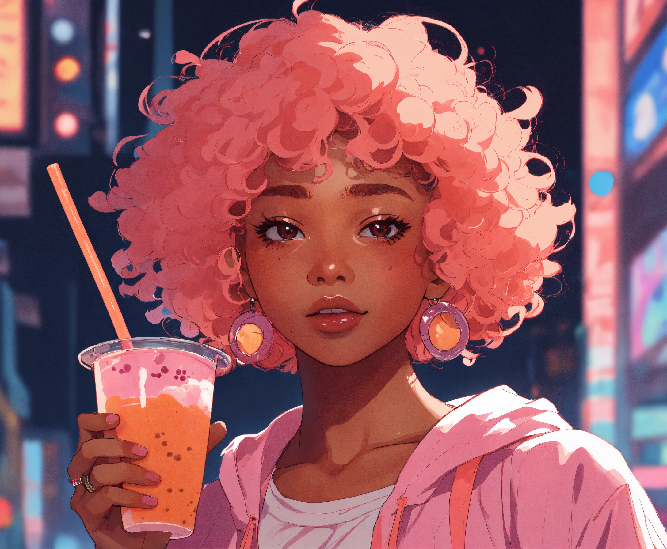 Lexica - Boba tea , bubble tea, cute girl, curly hair, cute waifu, afro ...