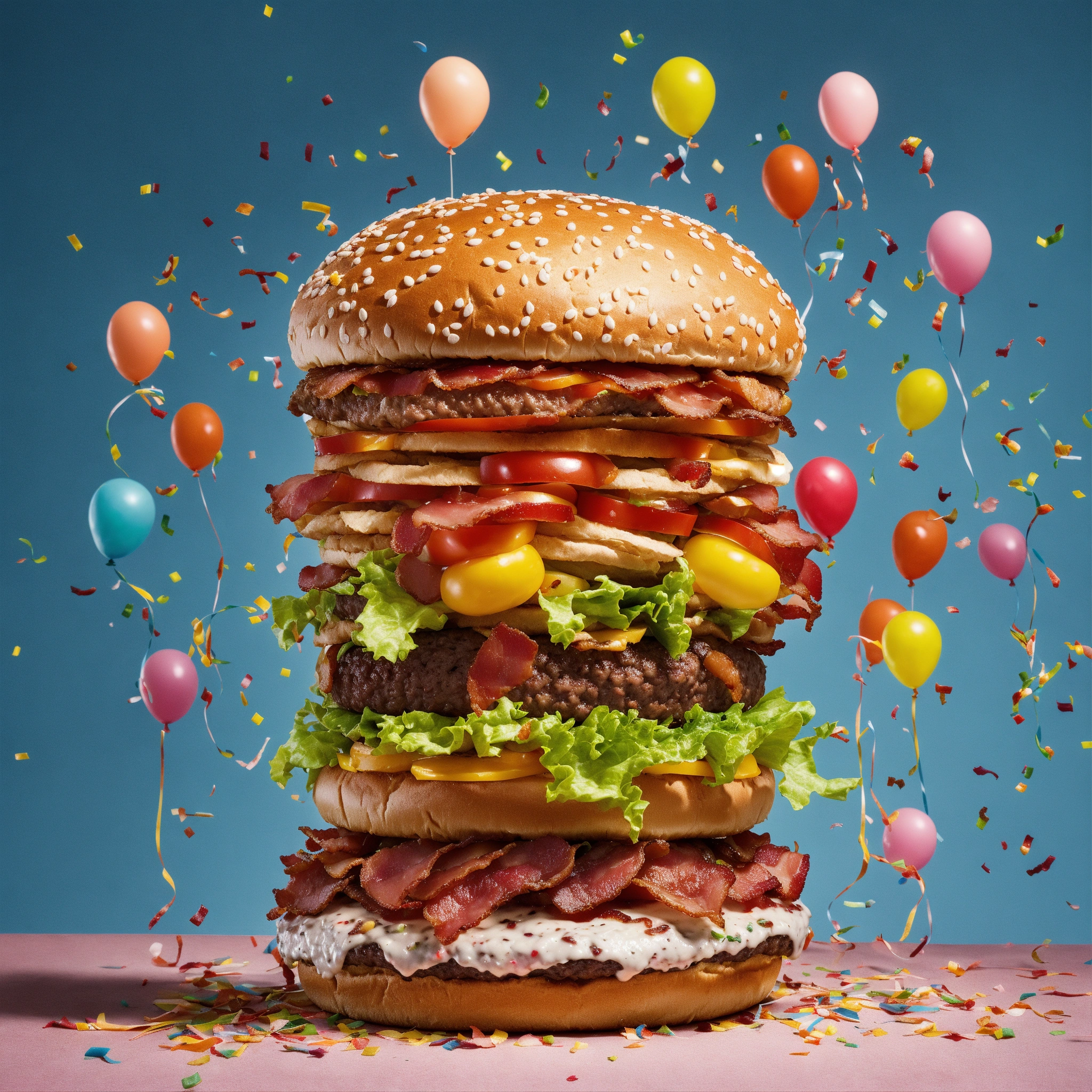Lexica - A very tall hamburger made out of party balloons, confetti and ...