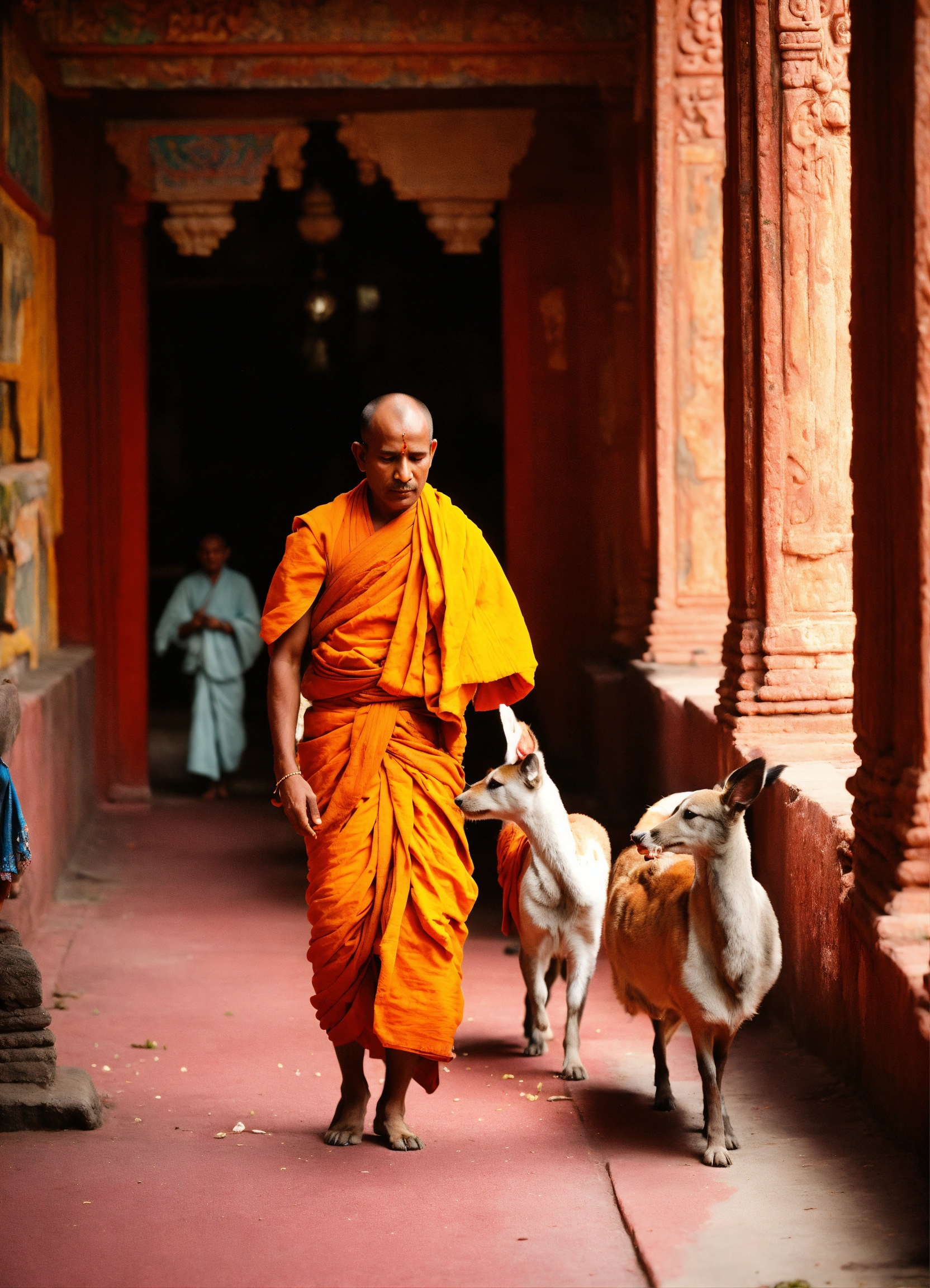 Lexica - Hindu monks taking care of animal, old hindu monestary