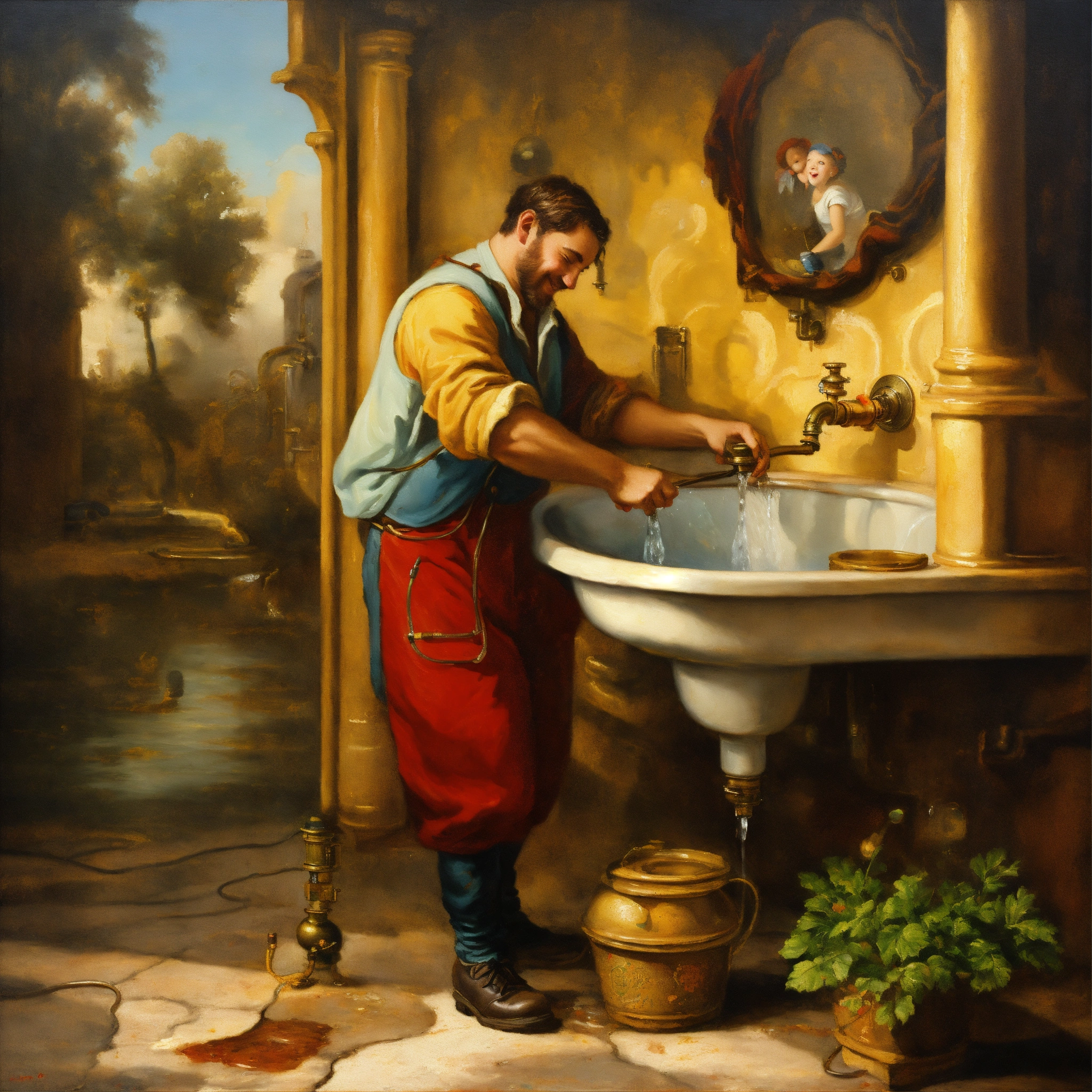 Lexica - A happy plumber Plugging Water Leak oil painting baroque