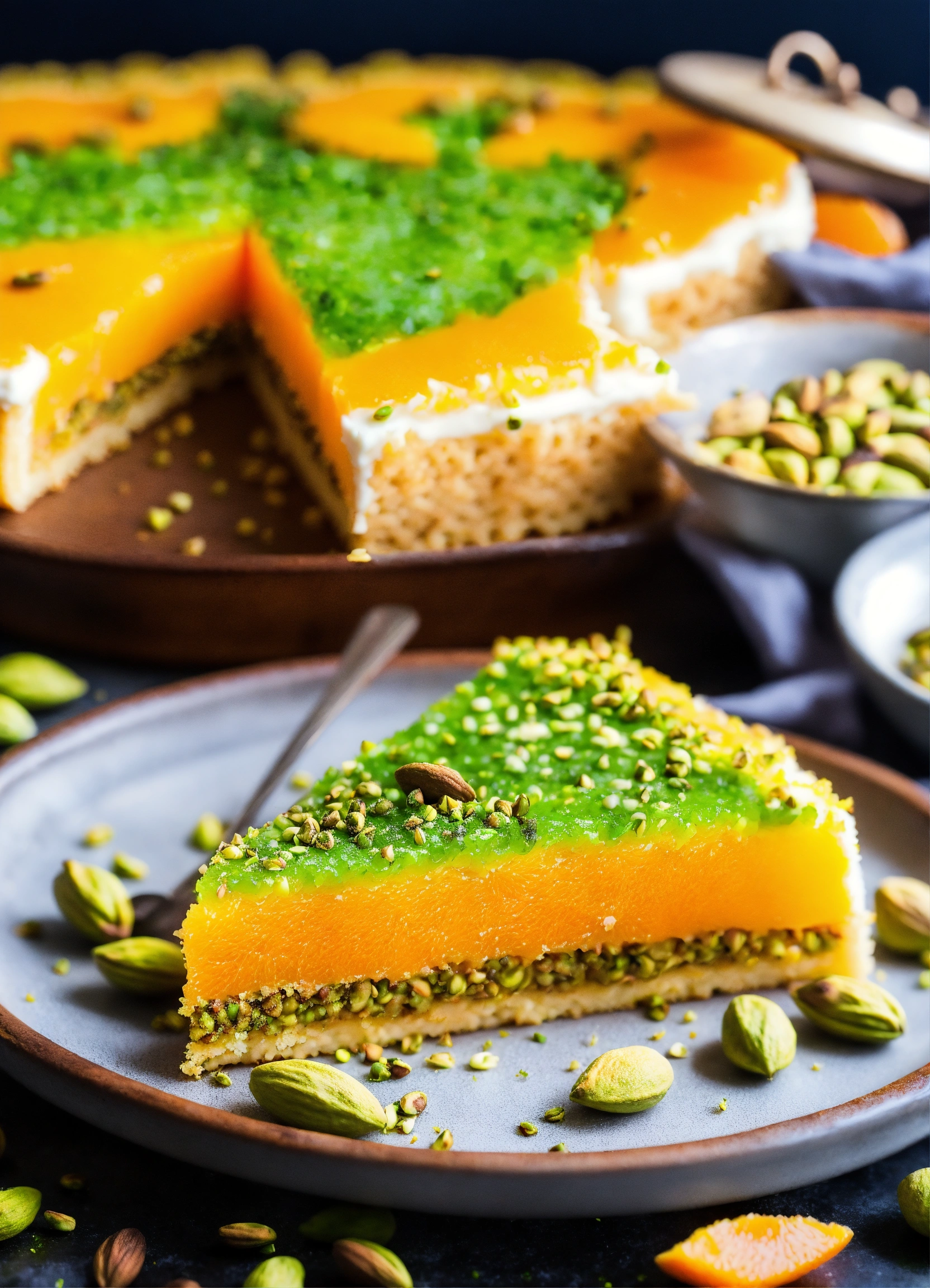 Lexica - Palestinian kunafa slice orange color with pistachios on top ...