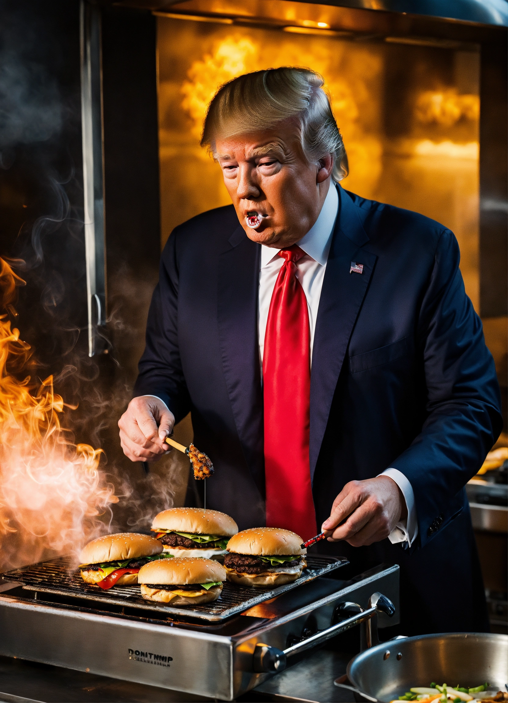 Lexica - Donald trump cooking burgers on a hot plate. half smoked ...