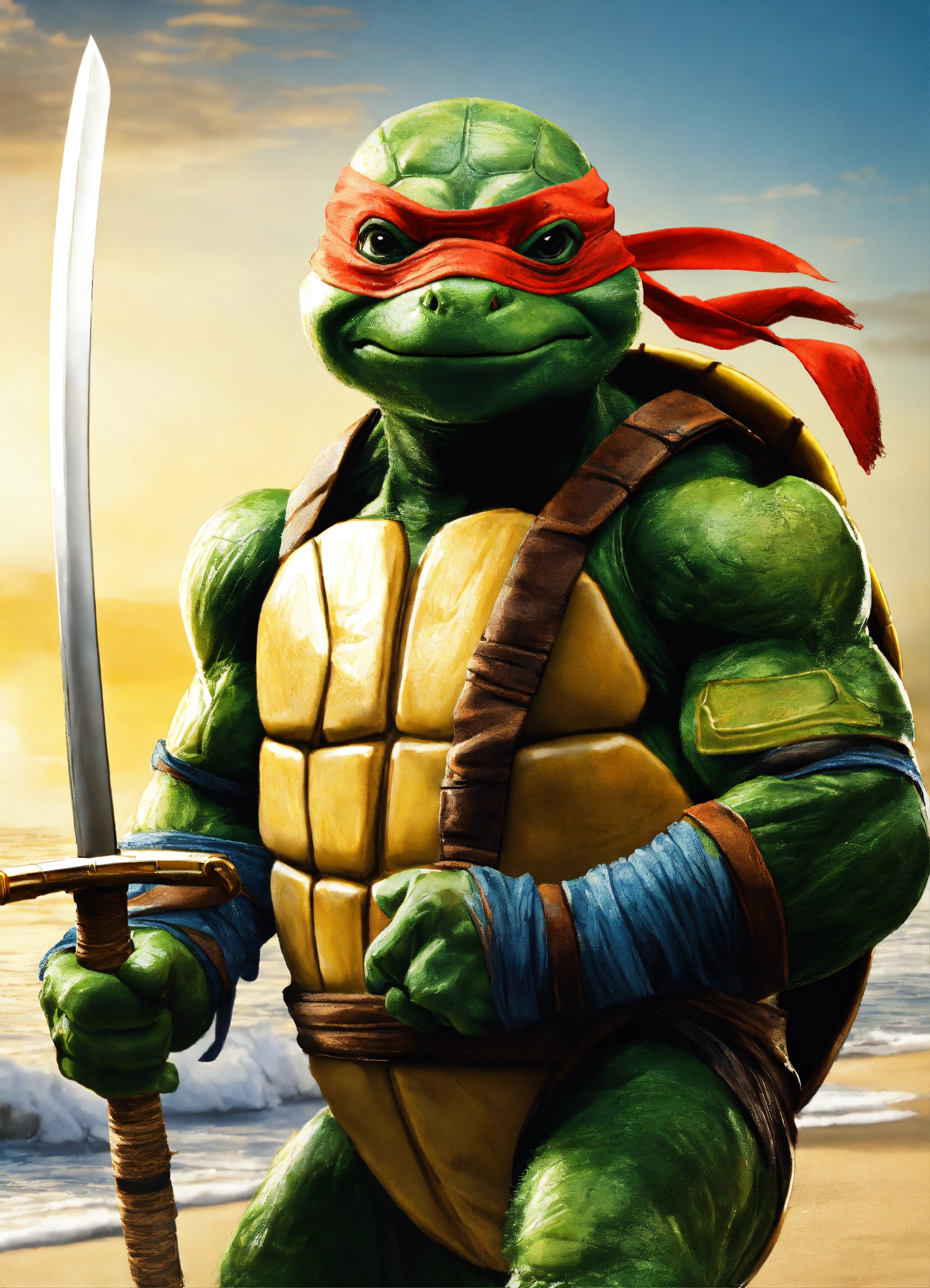 Lexica - A realistic ninja turtle with a katana in the hand and a beach ...
