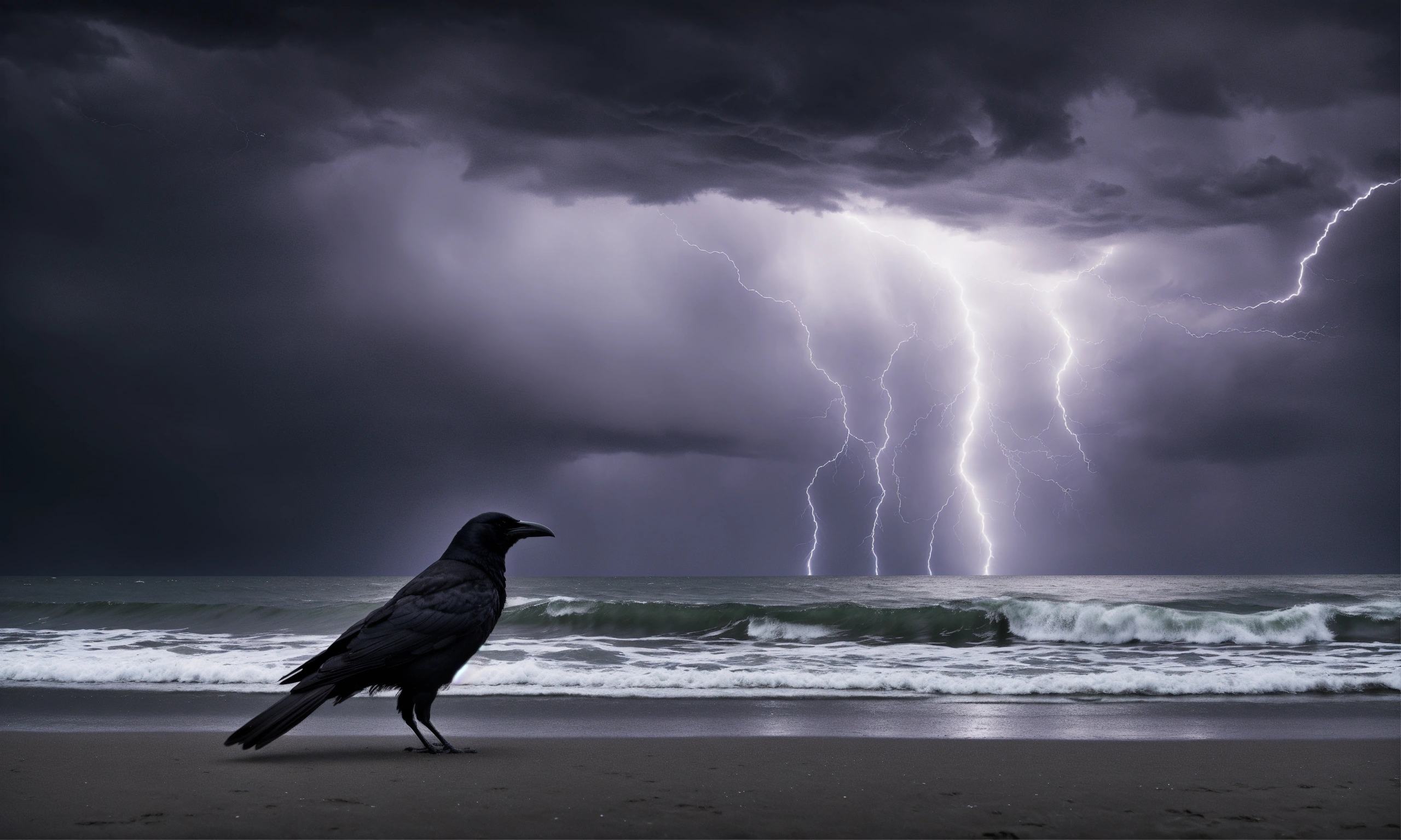 Lexica - Crow stands on the beach in water, cold, dark clouds, distant ...