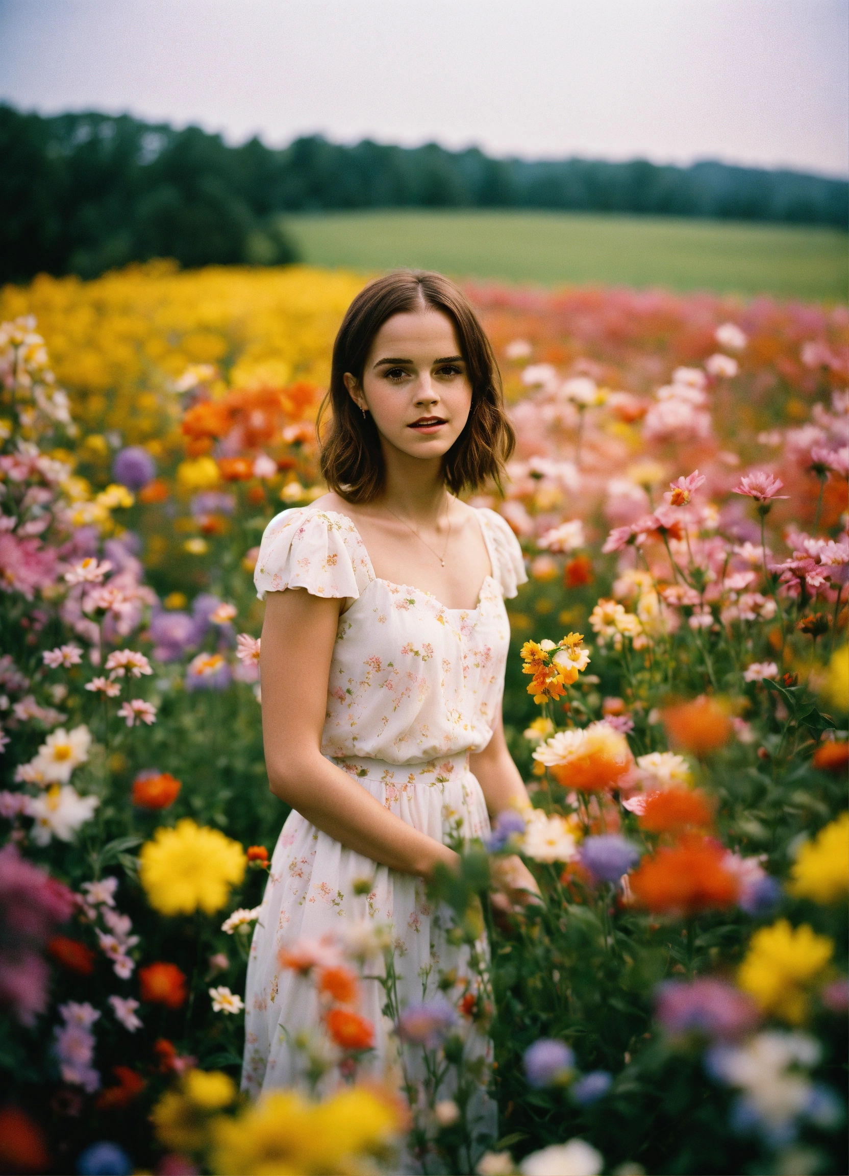 Lexica - Happy Emma Watson standing in a beautiful field of flowers ...