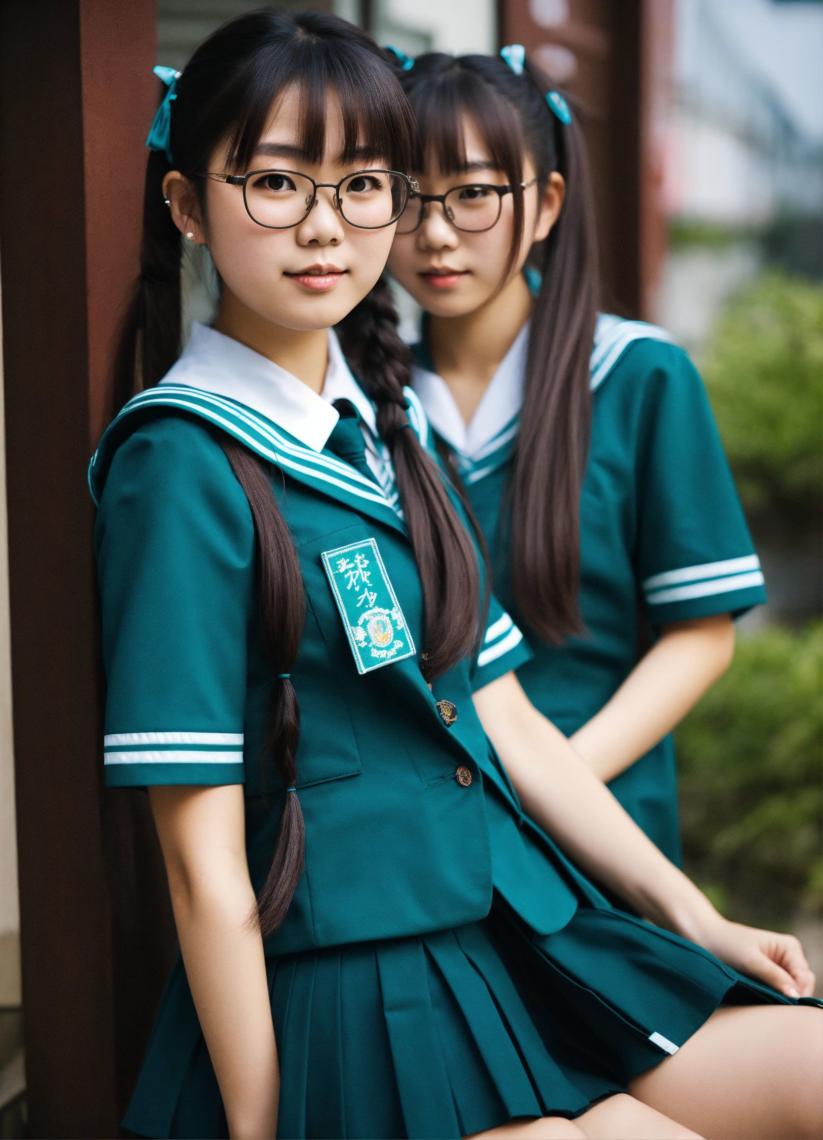 Lexica - Japanese Girl with twin tails and glasses in teal plastic ...