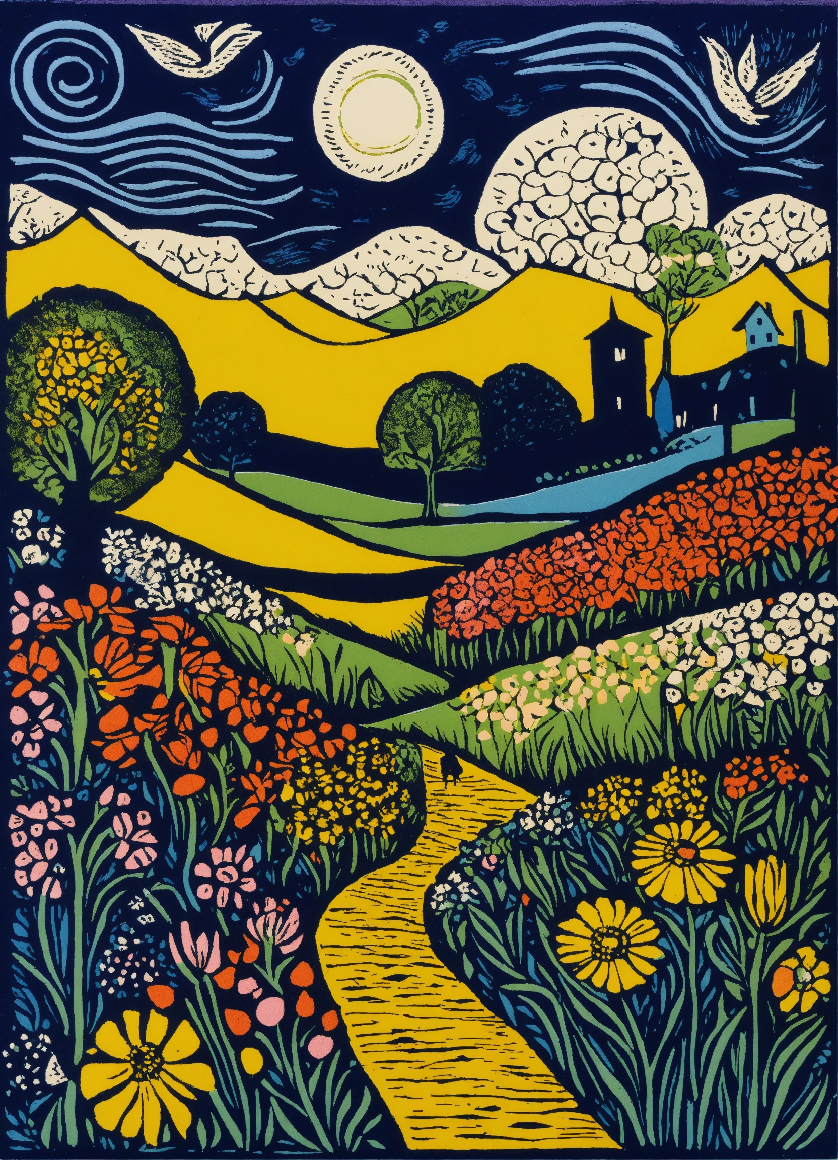 Lexica - Linocut art drawing little flowers scene folk art style ...