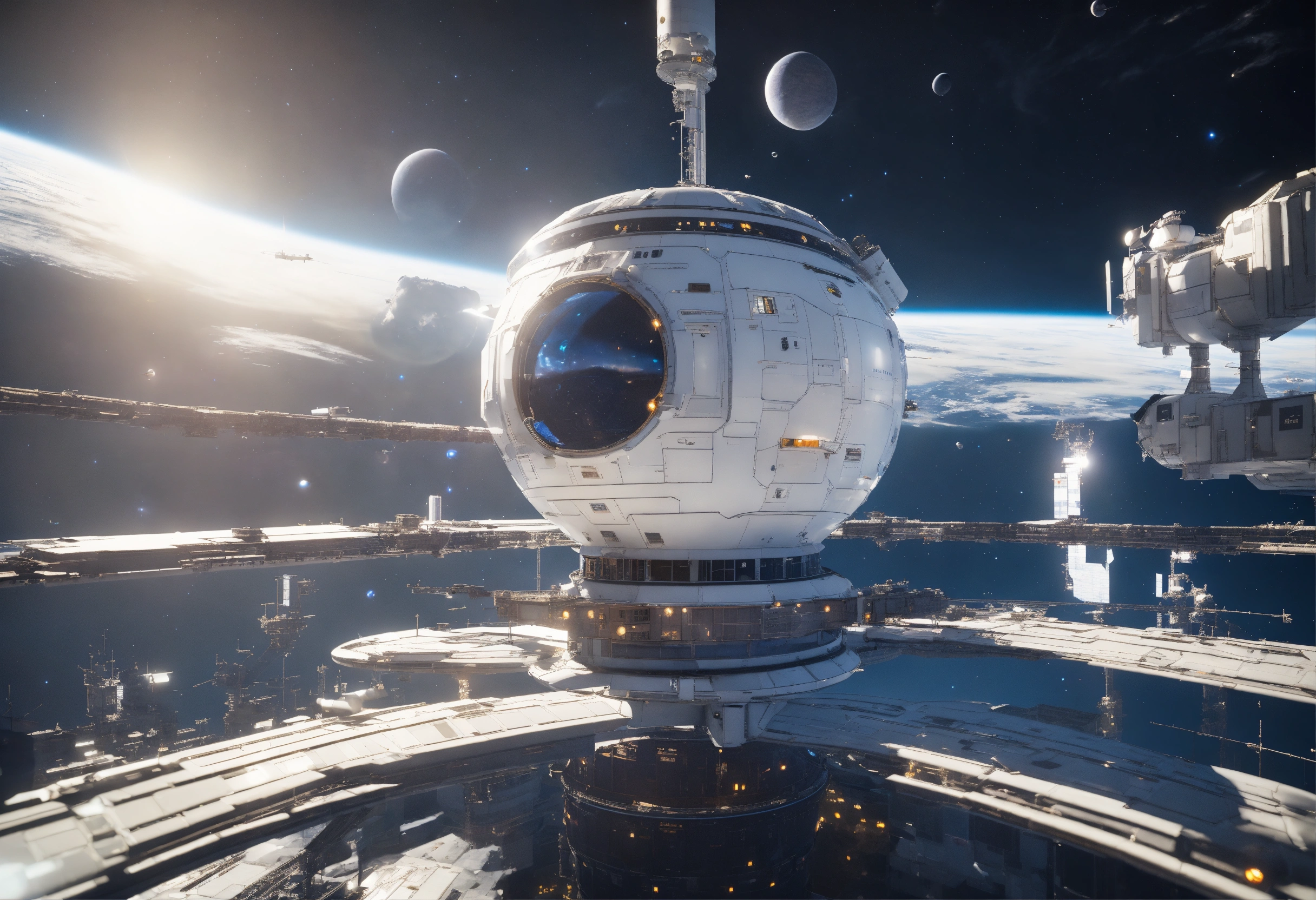Lexica - Zoom out on a huge modern style white commercial space station ...