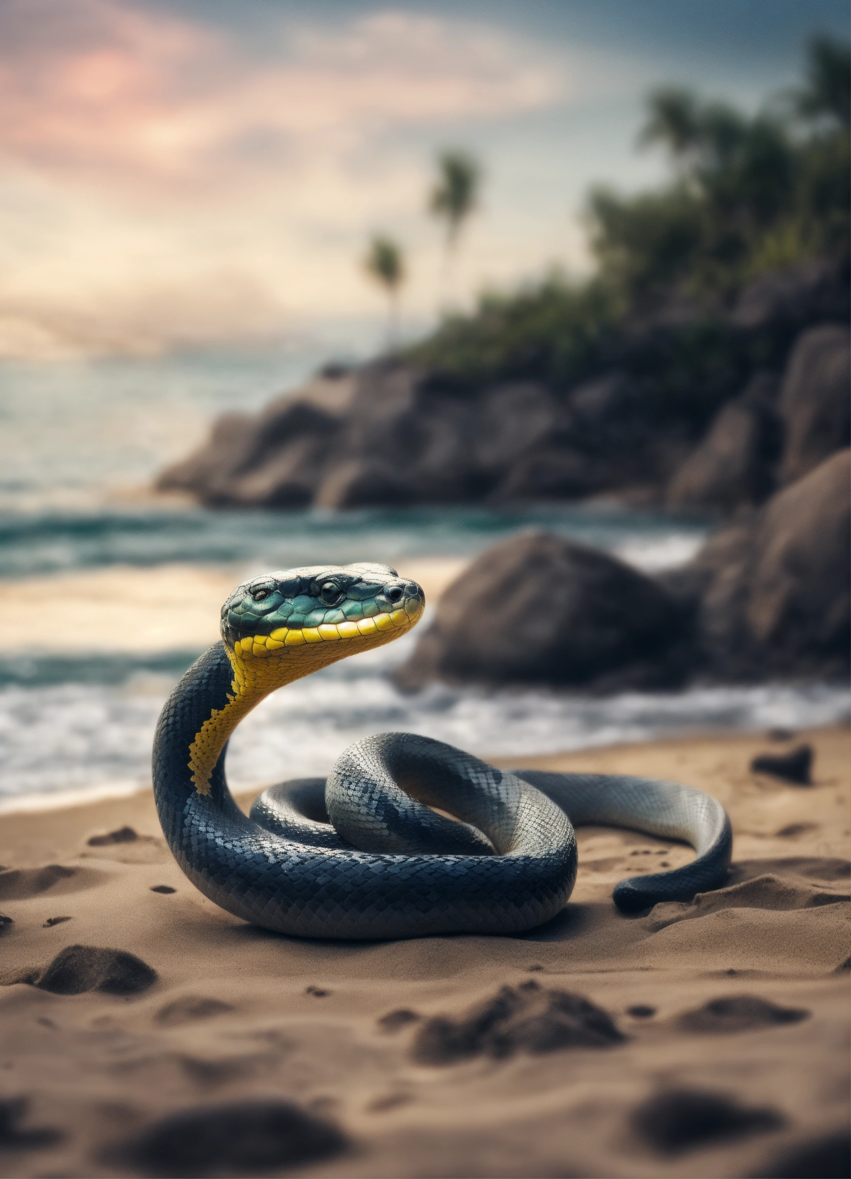 Lexica - Sly snake doing yoga at the beach, Charcoal sketch, 8k, cinematic