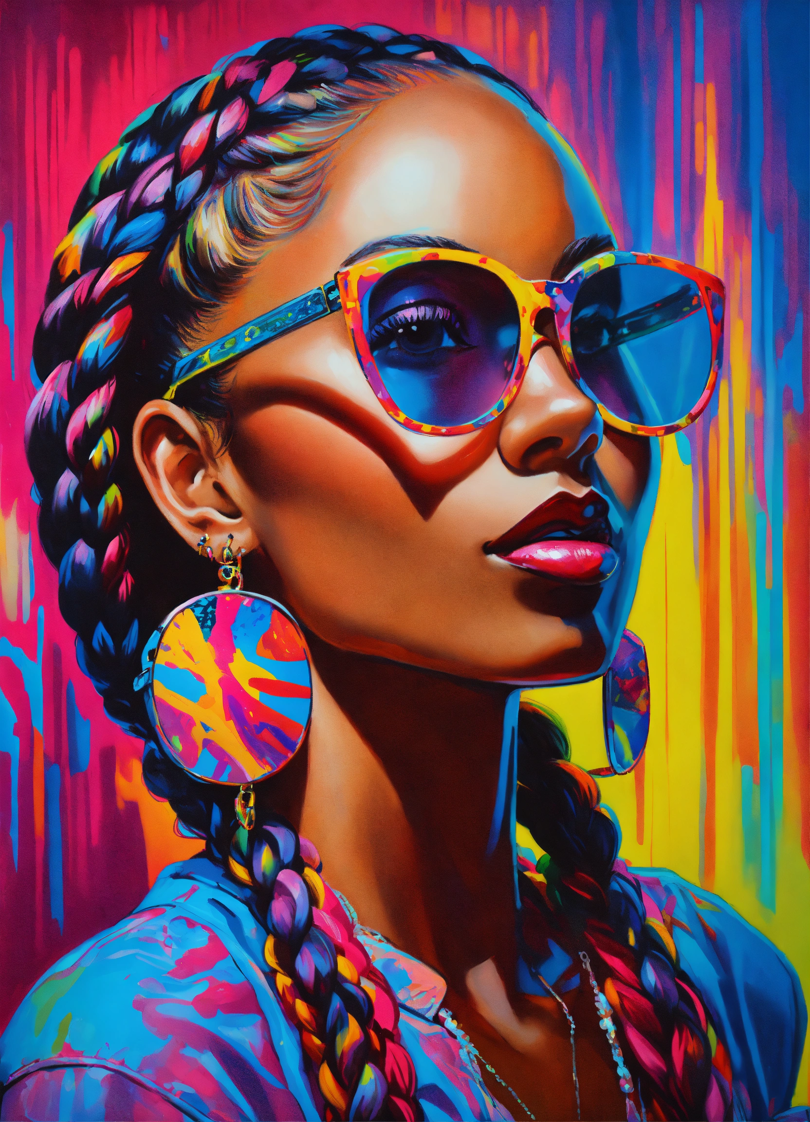 Lexica - A woman in a braids and sungl, a pop art painting Lisa Frank ...