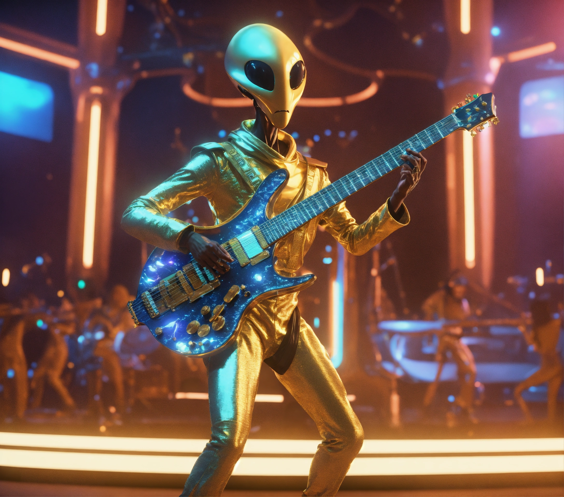 Lexica - Zoom out from a funny male alien humanoid wearing a fancy ...