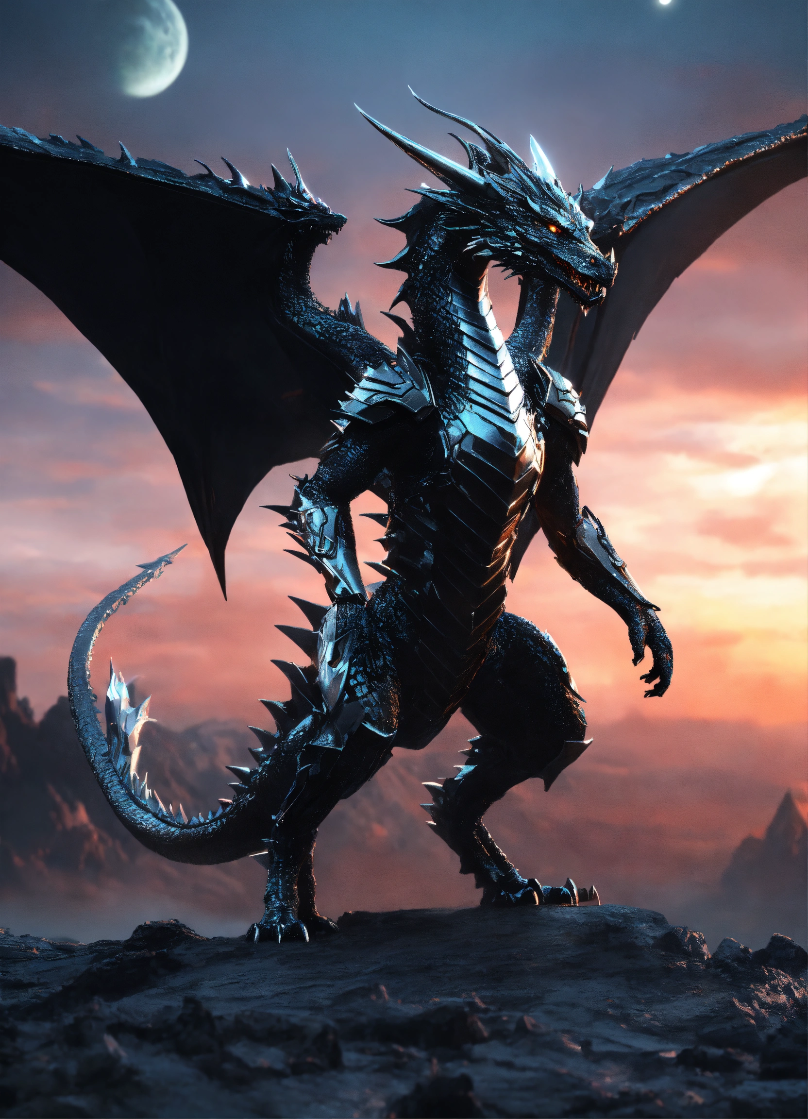 Lexica - Sci-fi black and chrome dragon standing on a highly advance ...