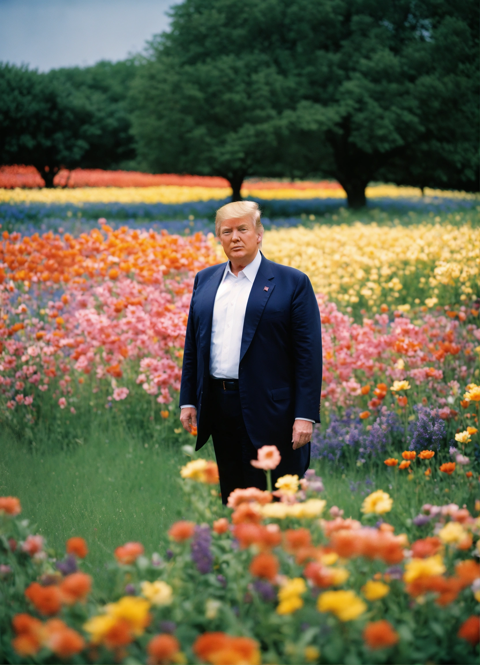 Lexica - Happy Donald Trump standing in a beautiful field of flowers ...