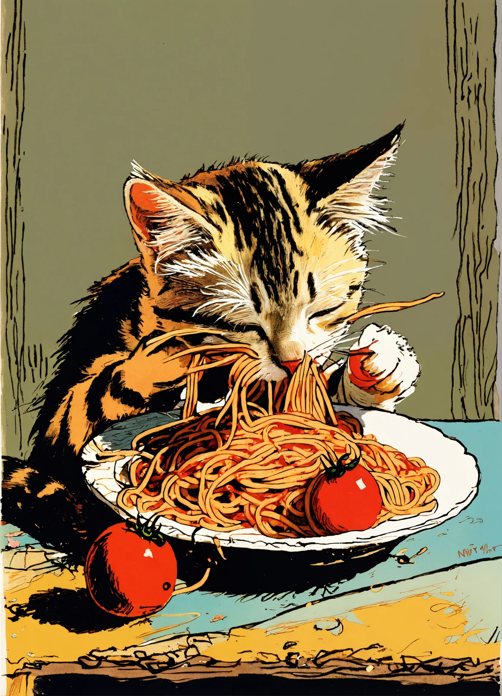 Lexica - A cute cat eating messy spaghetti with tomato sauce ...