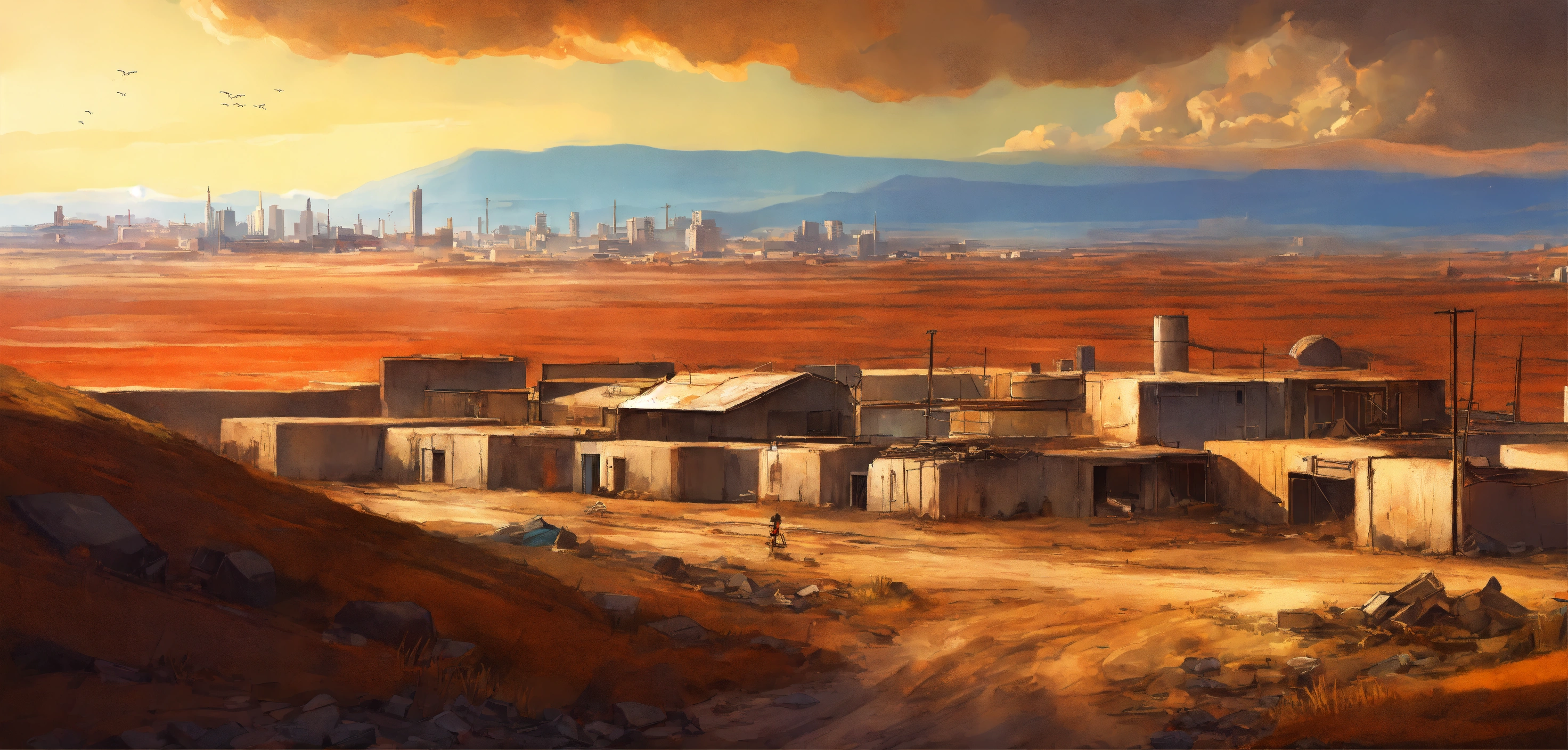 Lexica - Conept art, wasteland, small town in the distance, concrete ...