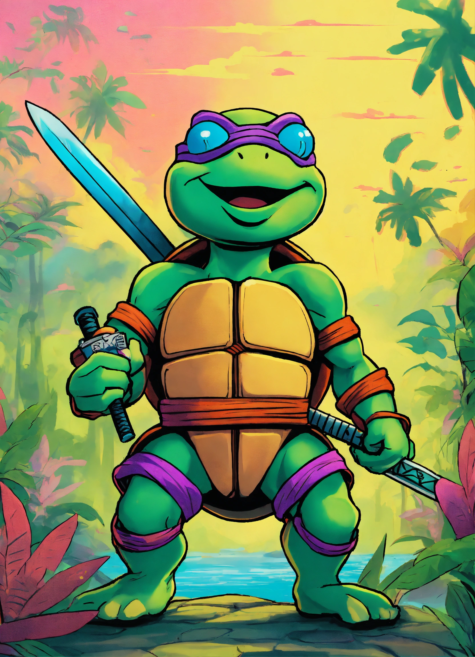 Lexica - A smiley ninja turtle with two katana in the hand and a pastel ...