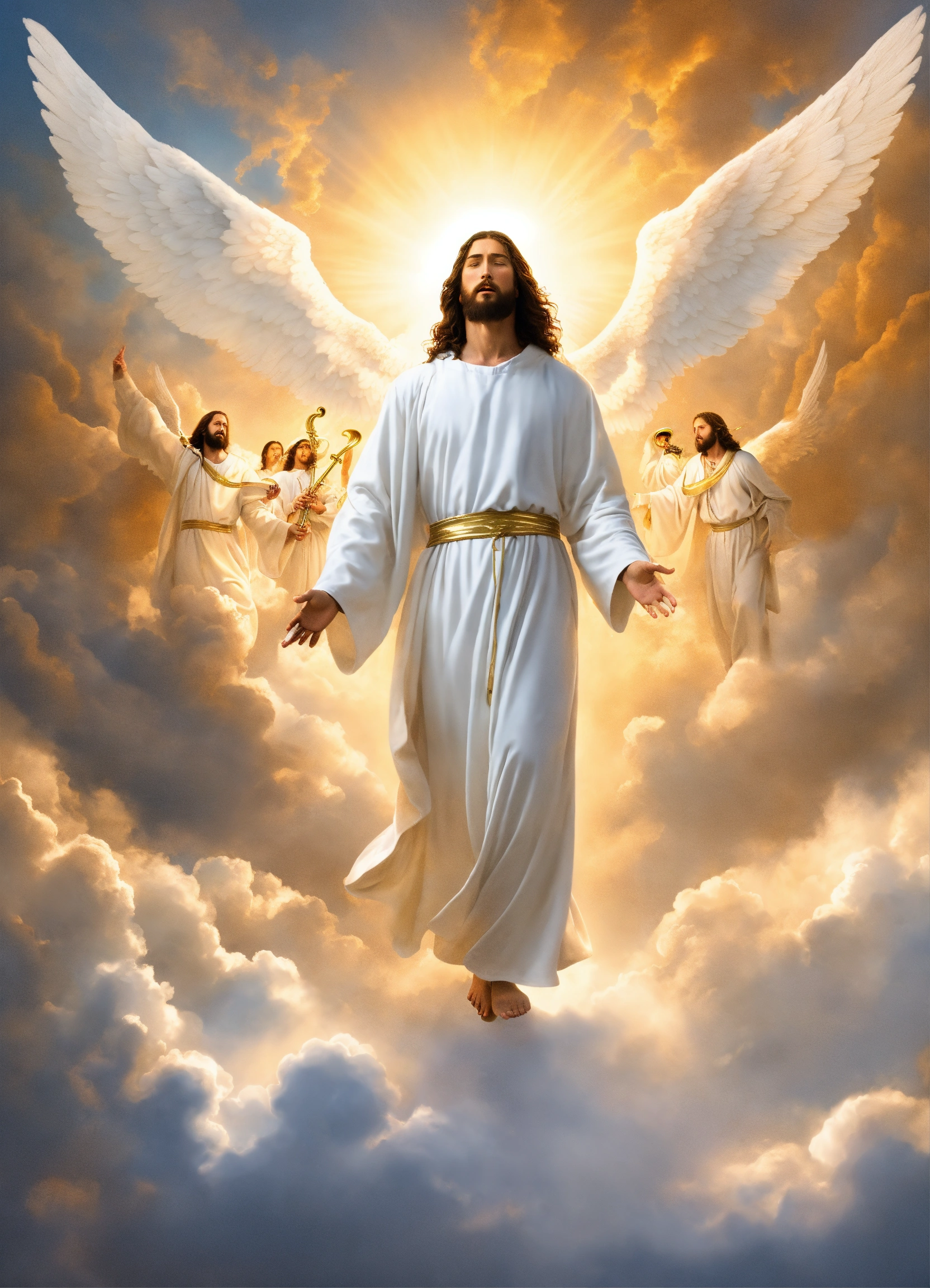 Lexica - Jesus christ walking on the clouds wearing white robes. Angels ...