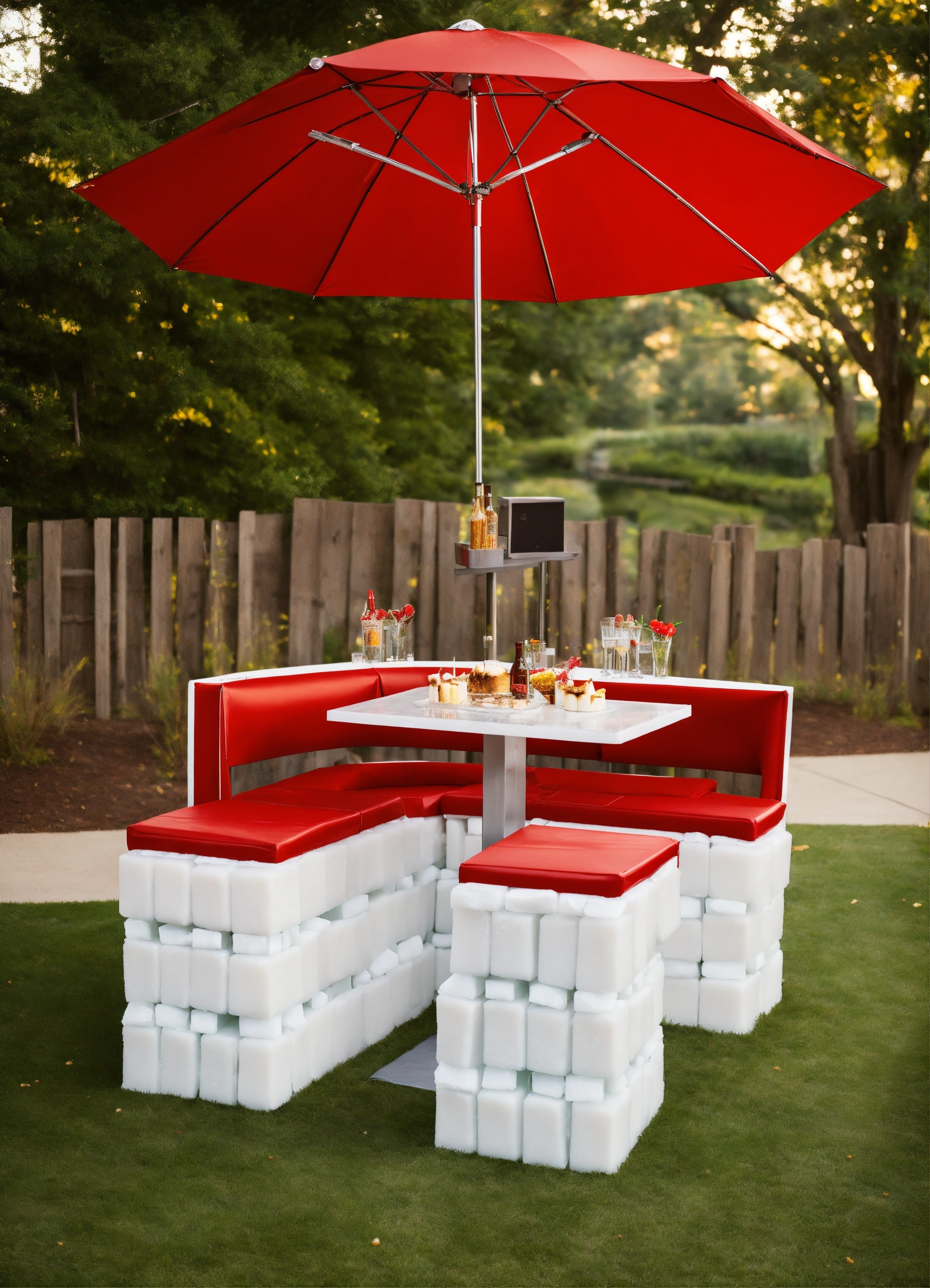 Lexica - Elegant ice igloo booth to sell smores outdoor with a red umbrella