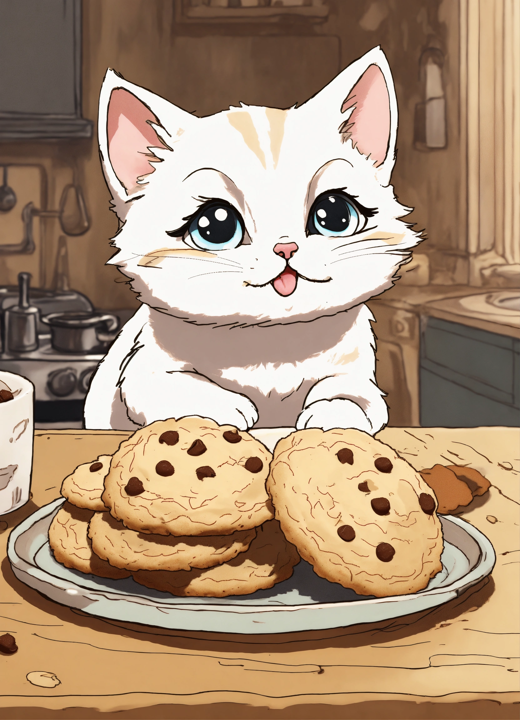 Lexica - A cute ADORABLE white LITTLE cat WITH BIG EYES, eating messy ...