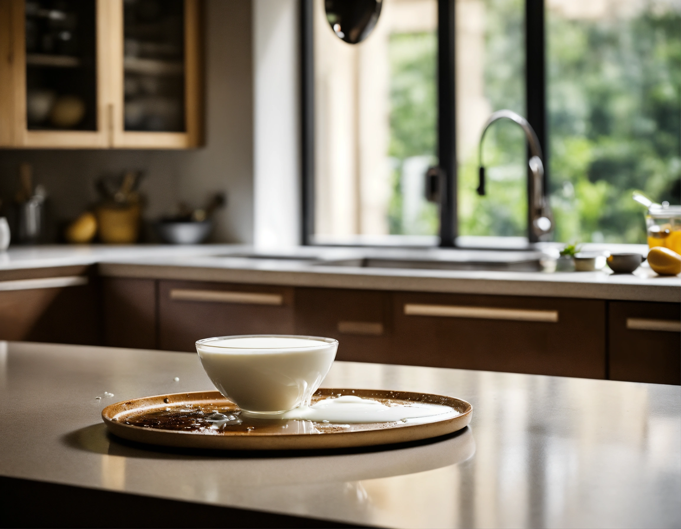 Lexica - Luxury modern kitchen table, countertop with spilled milk puddle