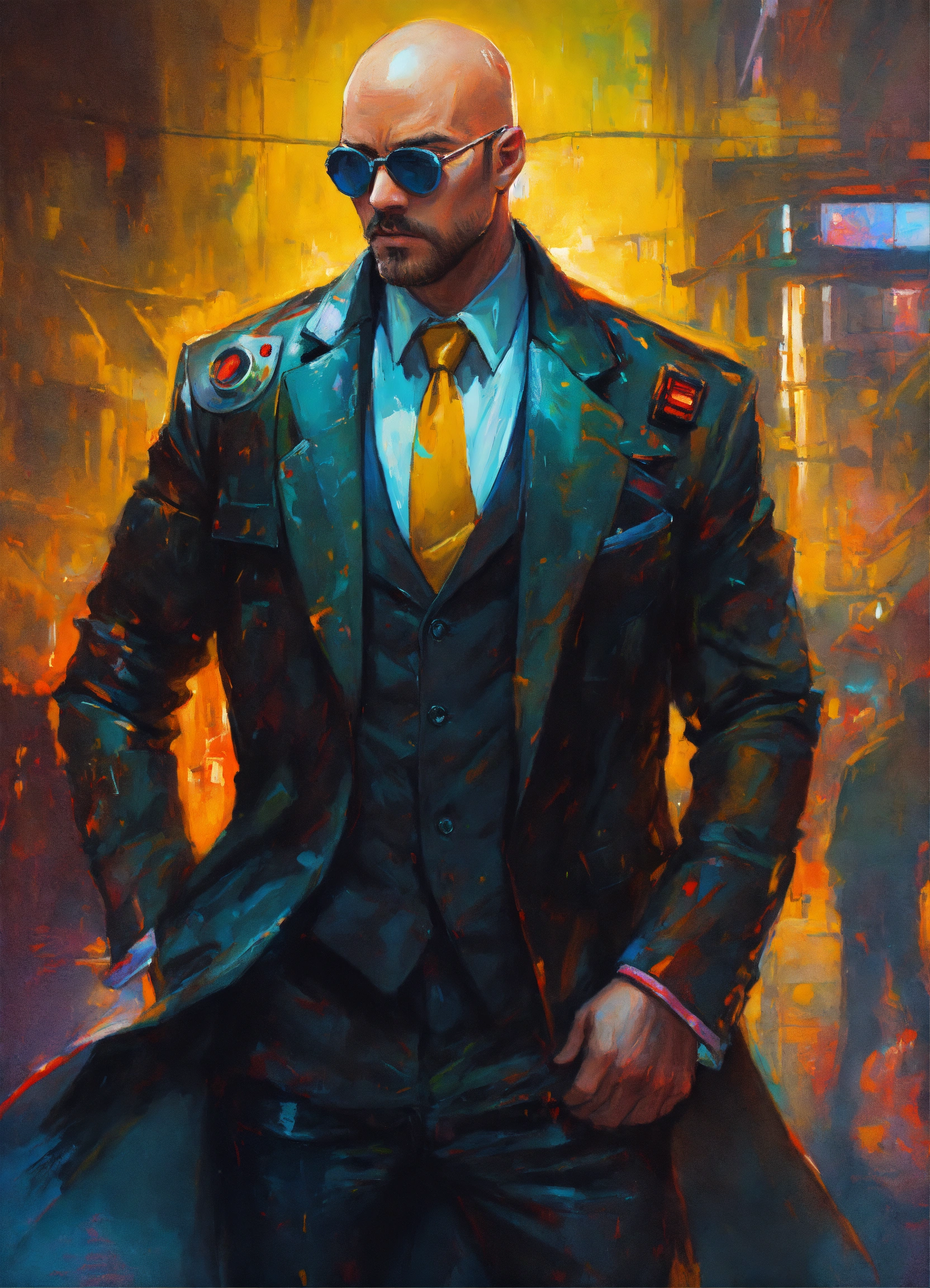 Lexica - Strong bald cyberpunk bounder in a suit, at a rave gritty oil ...