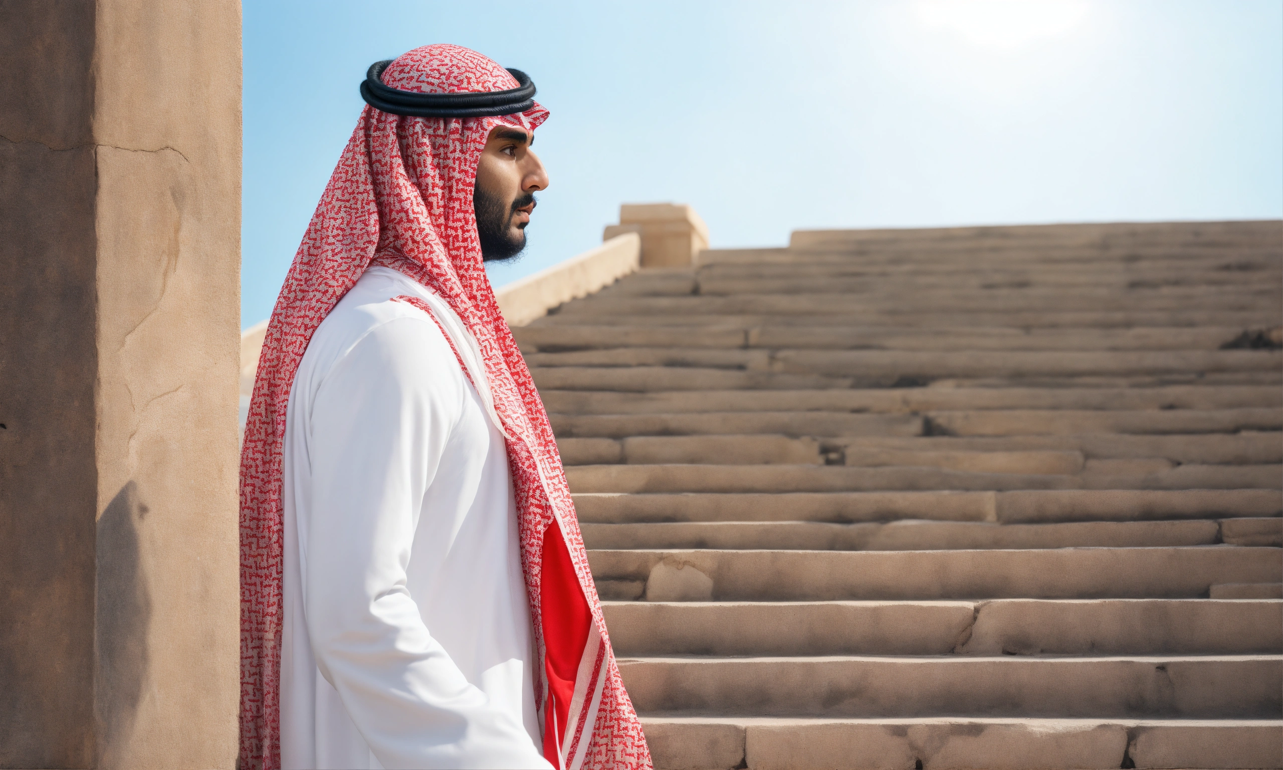 Lexica - Saudi man climbing up steps, looking right, side-way, climbing ...