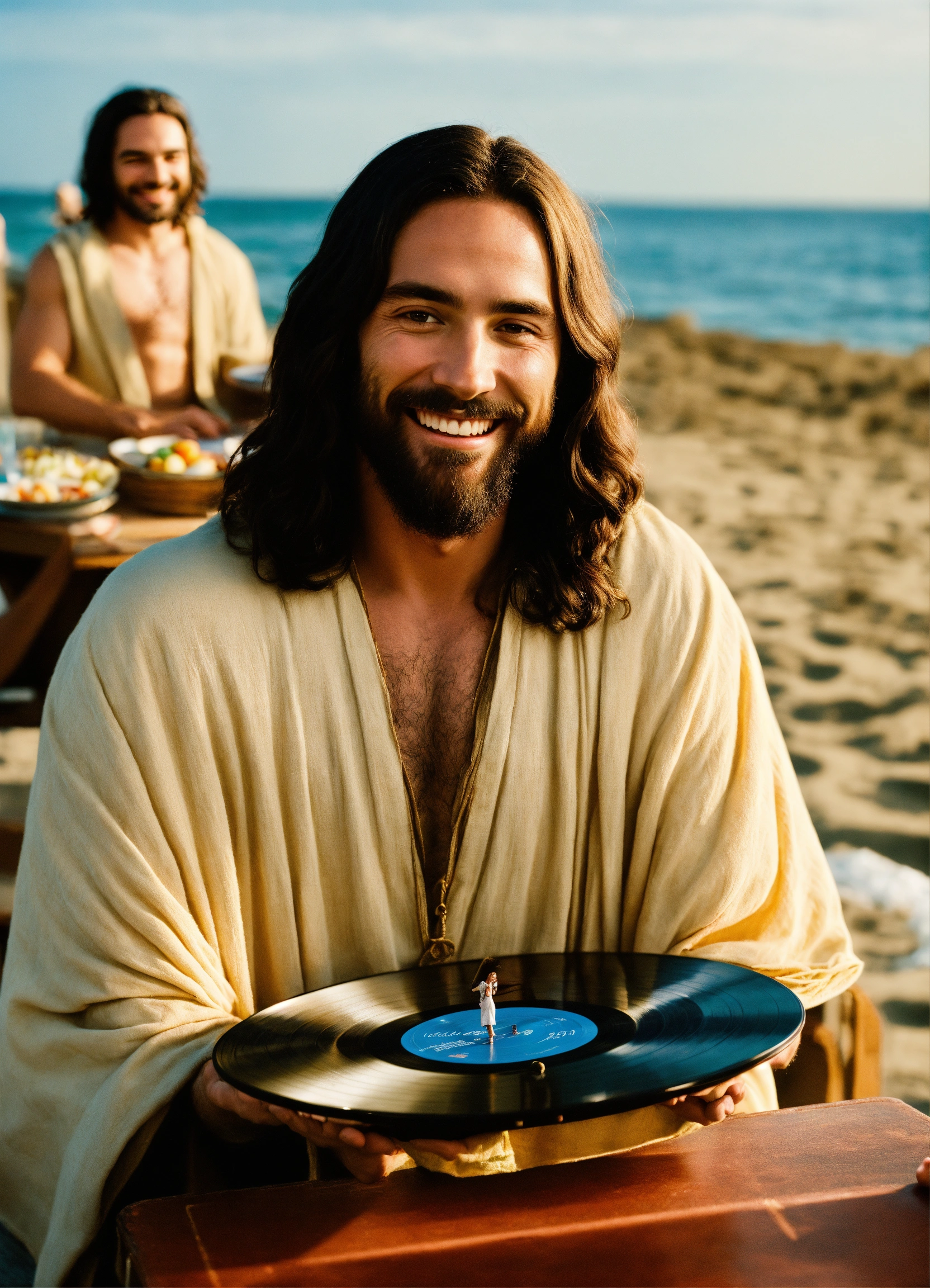 Lexica - Jesus holding a record and smiling on a beach at the last supper.