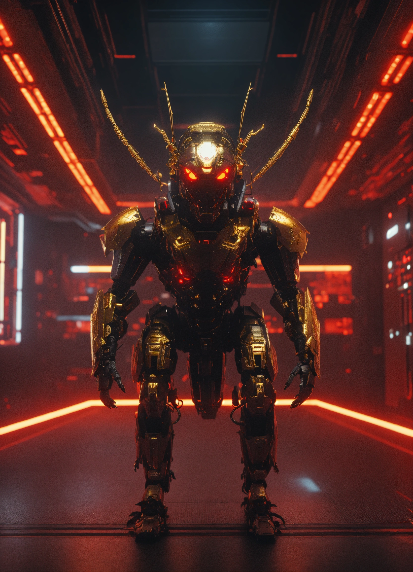 Lexica - Zoom out of black cockroach faced humanoid with red glowing ...