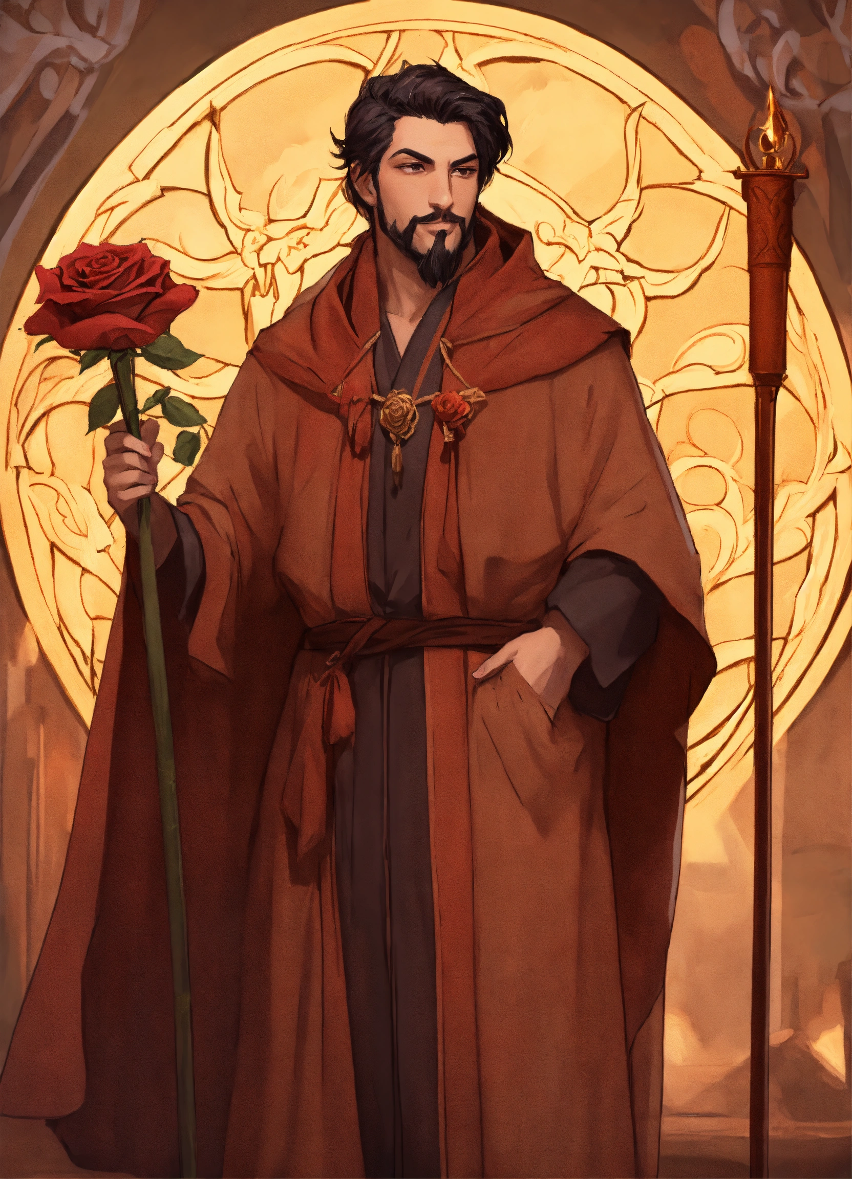 Lexica - Dark short hair, smug, french goatee, clay colored wizard ...