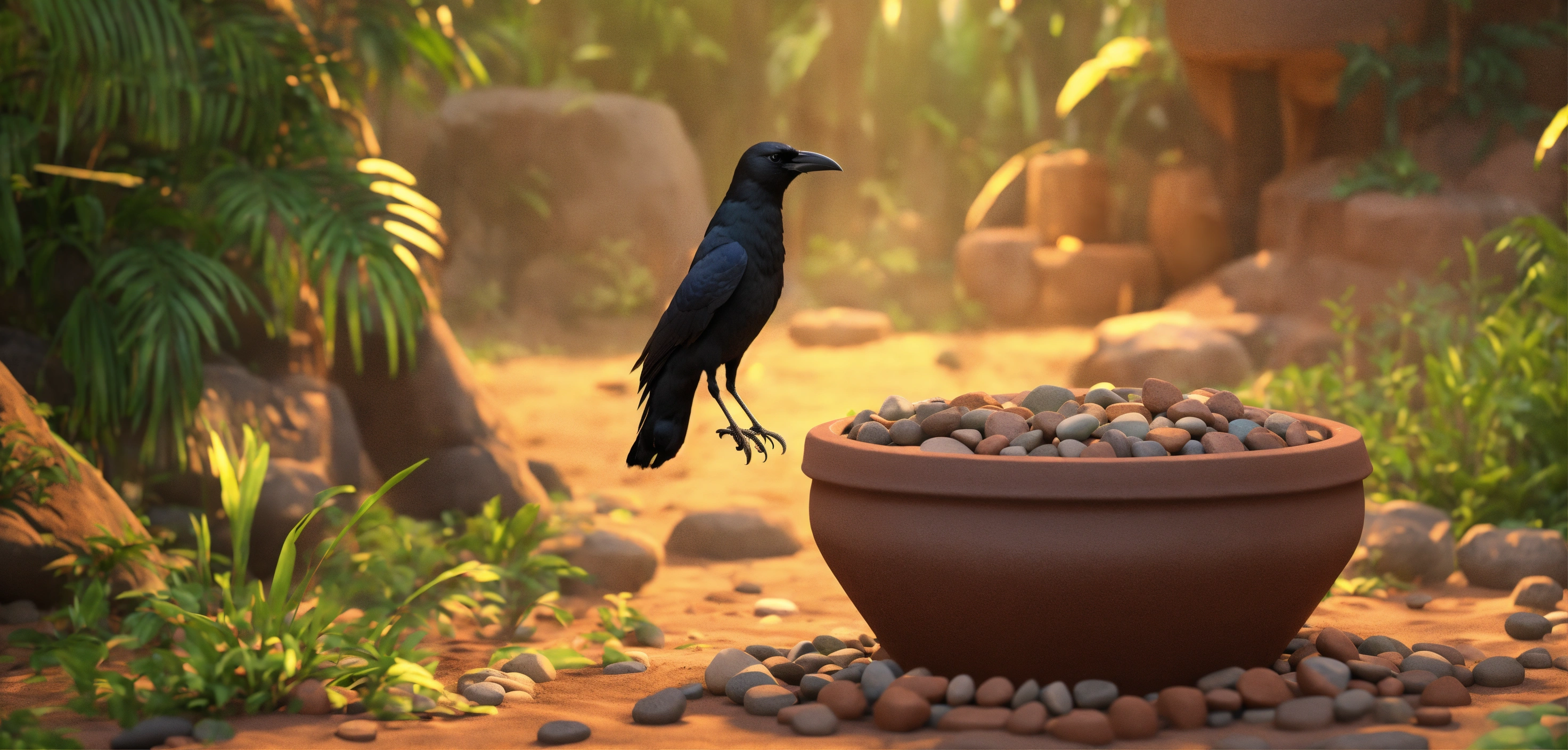 Lexica - 3d animation style crow is putting stone in big clay pot in jungle