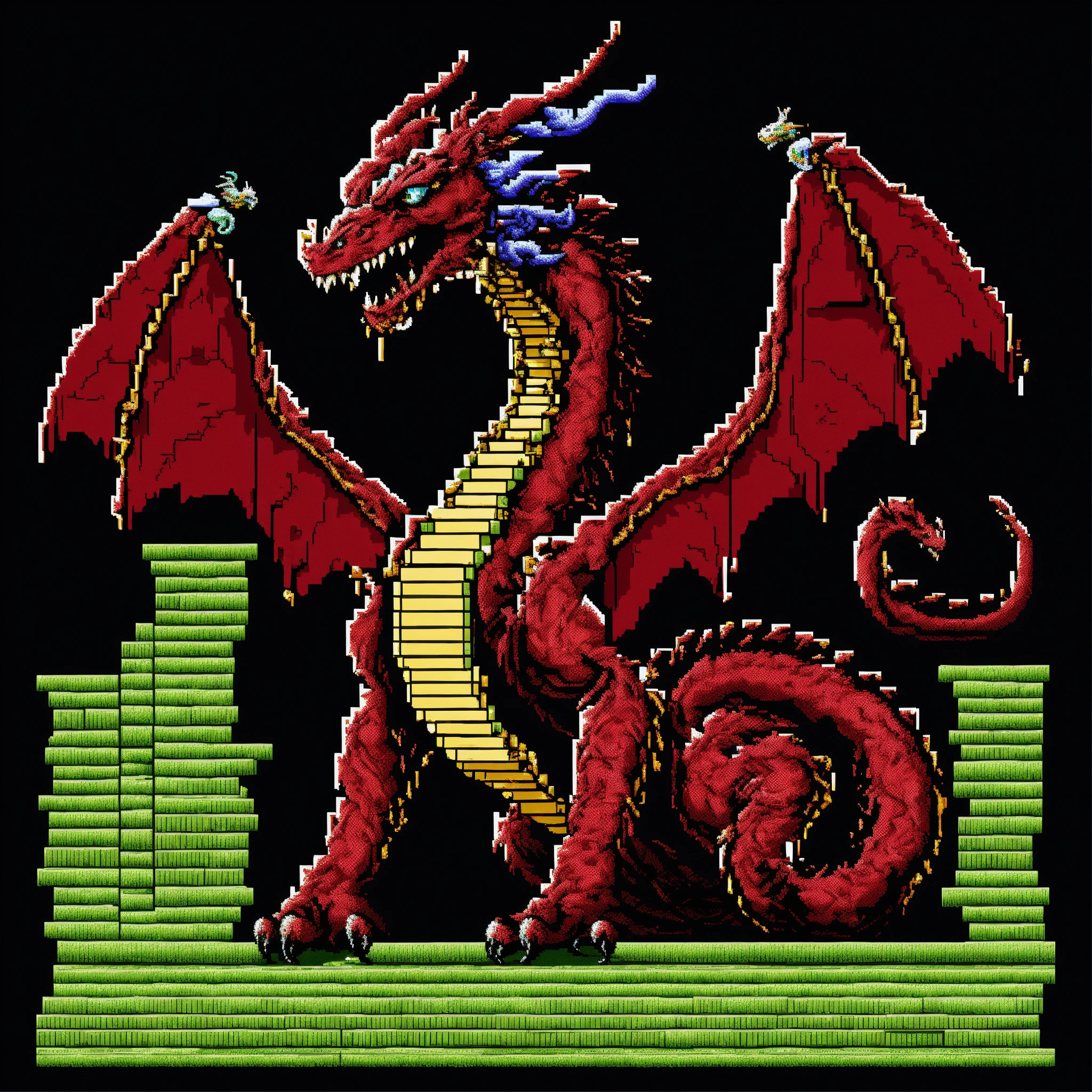 Lexica - 8-bit pixel art of a dragon final boss made of money black ...