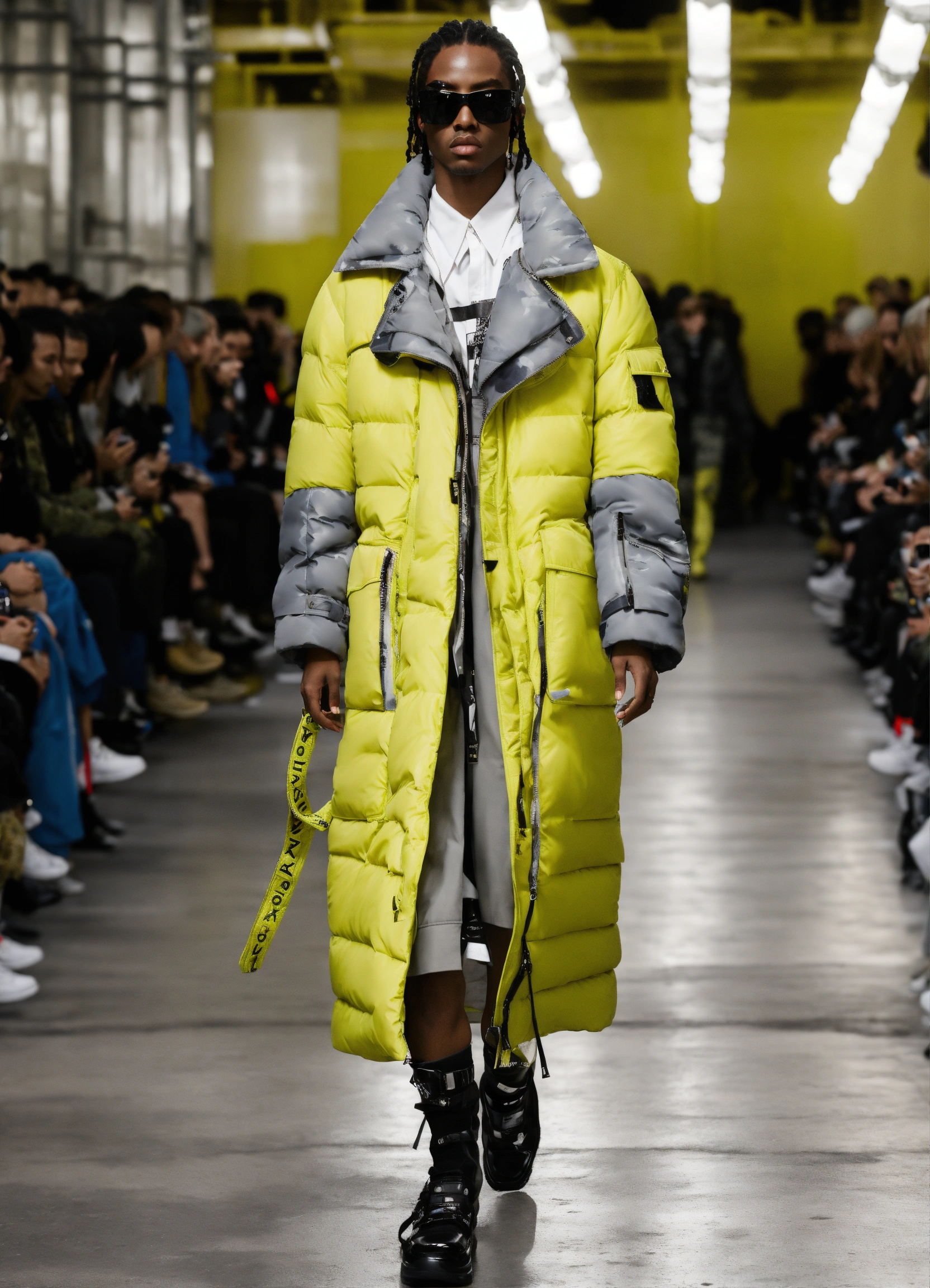 Lexica - Runway models wearing long Pudded thin jacket coat grey ...