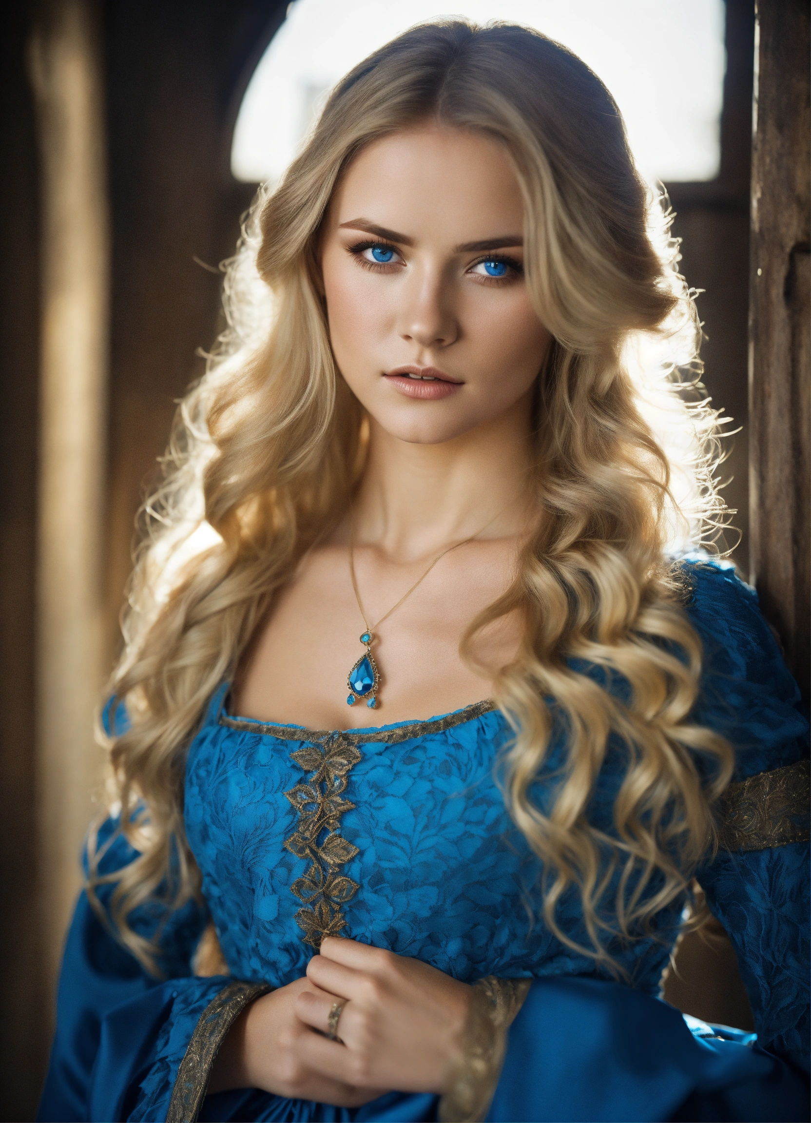 Lexica - Beautiful young woman, long blond hair, blue eyes, strong look ...