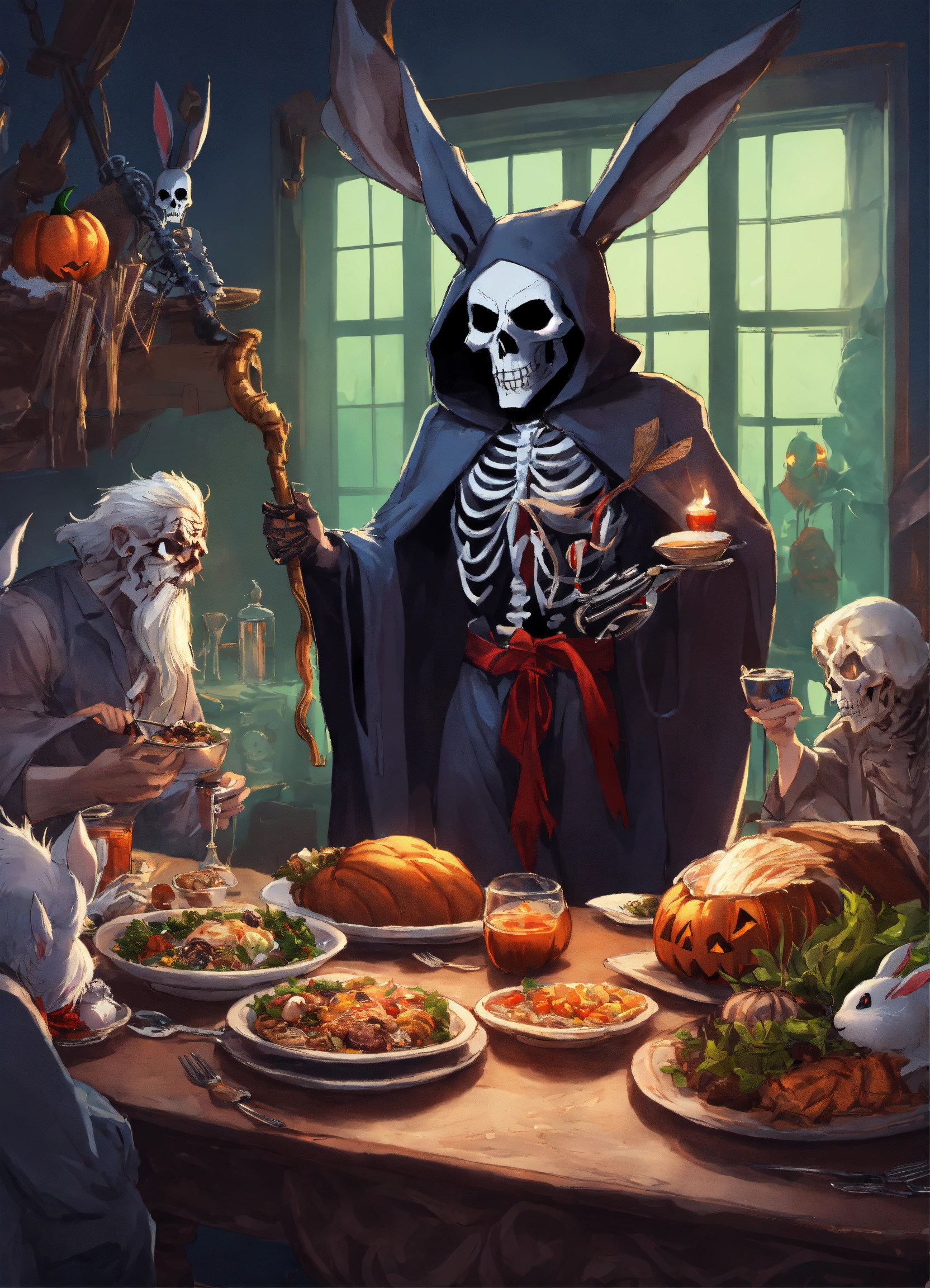 Lexica - Skeletal Grim Reaper in a dark robe, ghost, Halloween Bunny ...