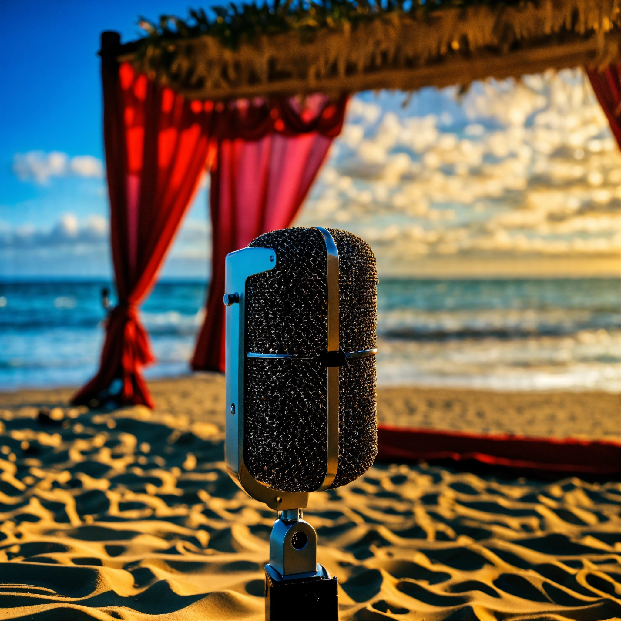 Lexica - Microphone on the beach with theatrical curtains