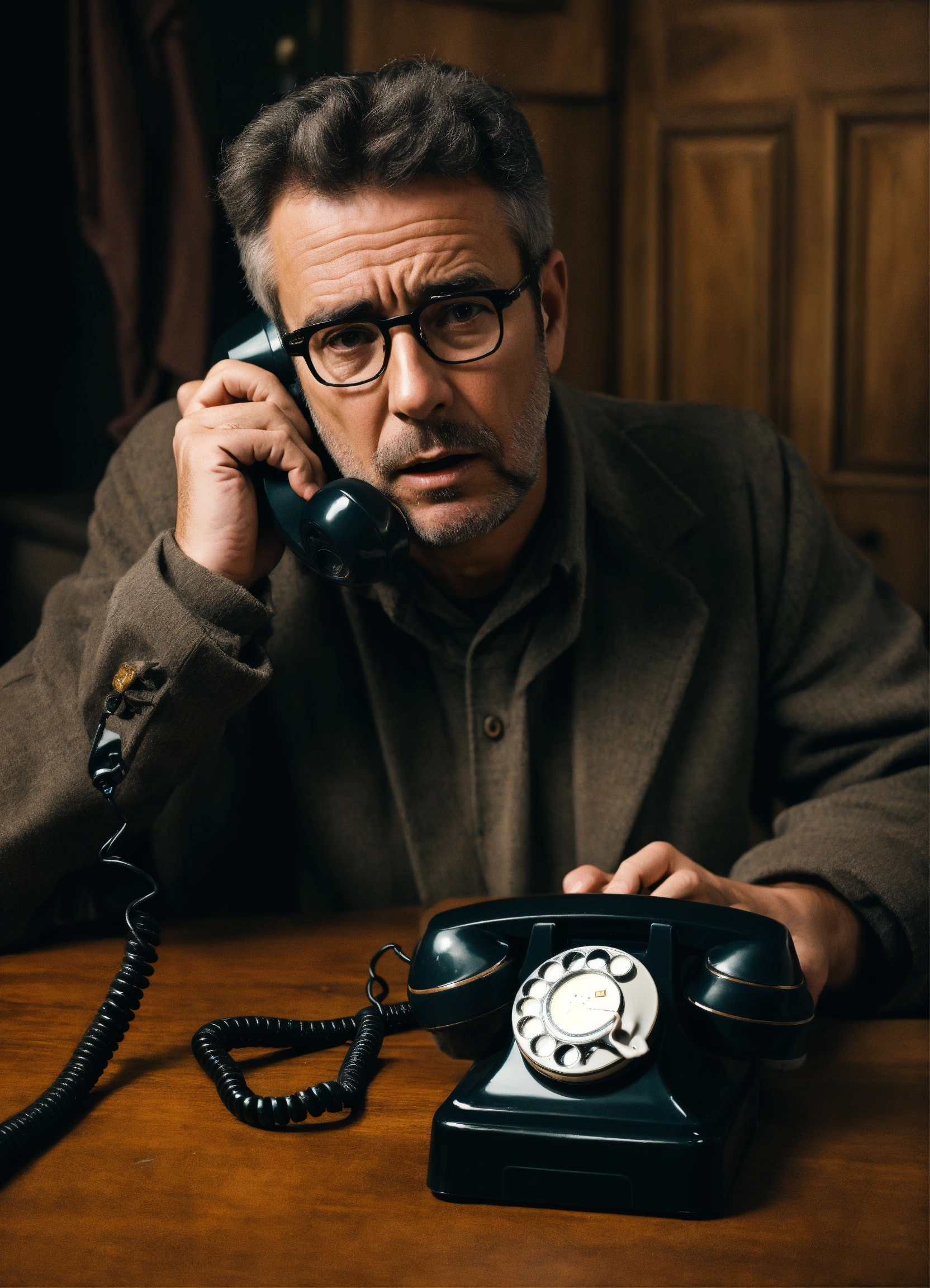 Lexica - A worried man calling with an old style phone
