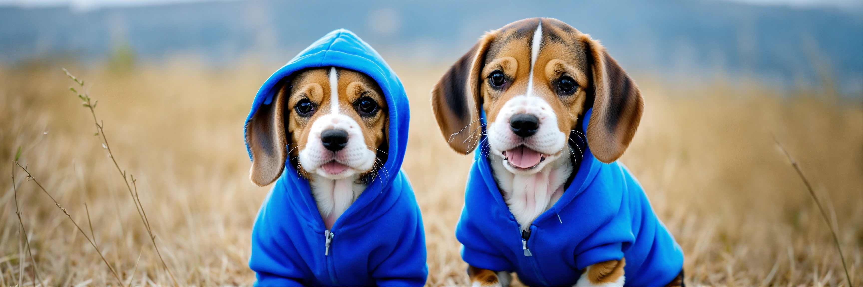 Lexica - 2 cheerful miniature beagle puppies wearing electric blue hoodies.