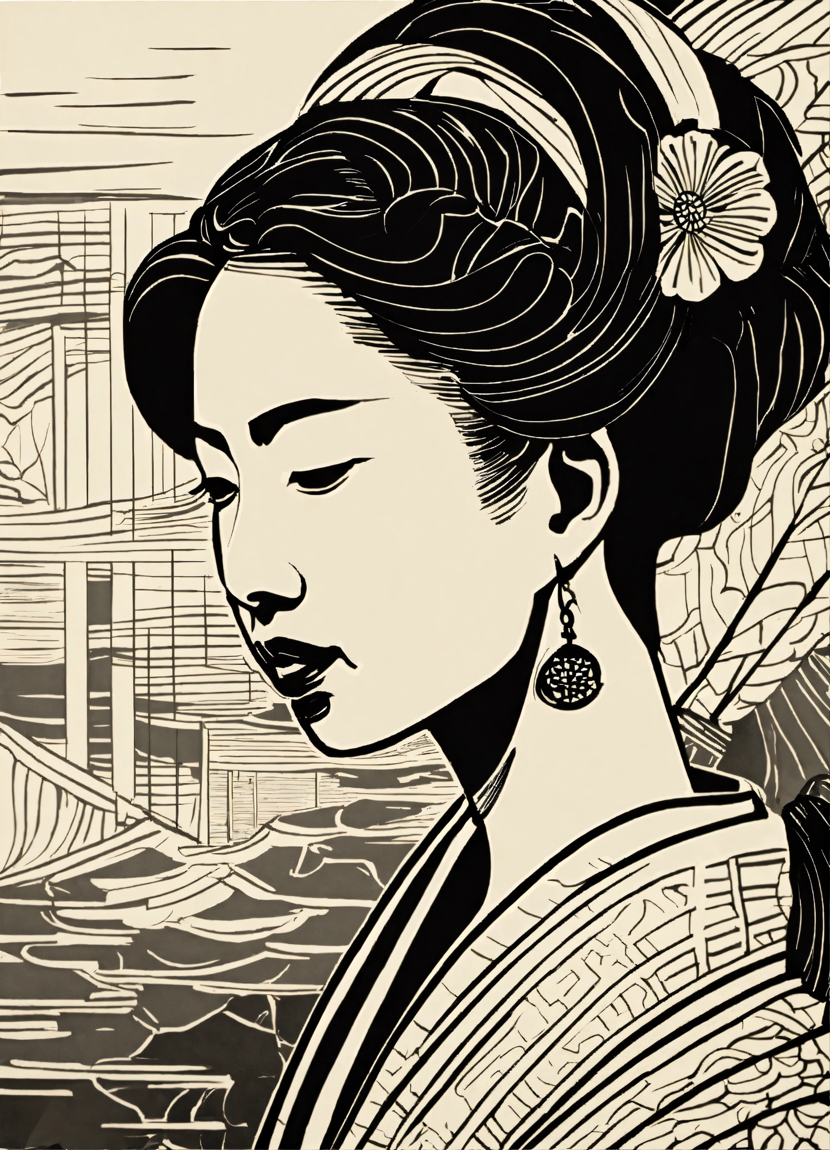 Lexica - Linocut, art drawing abstract art geisha, bold lines, black ...